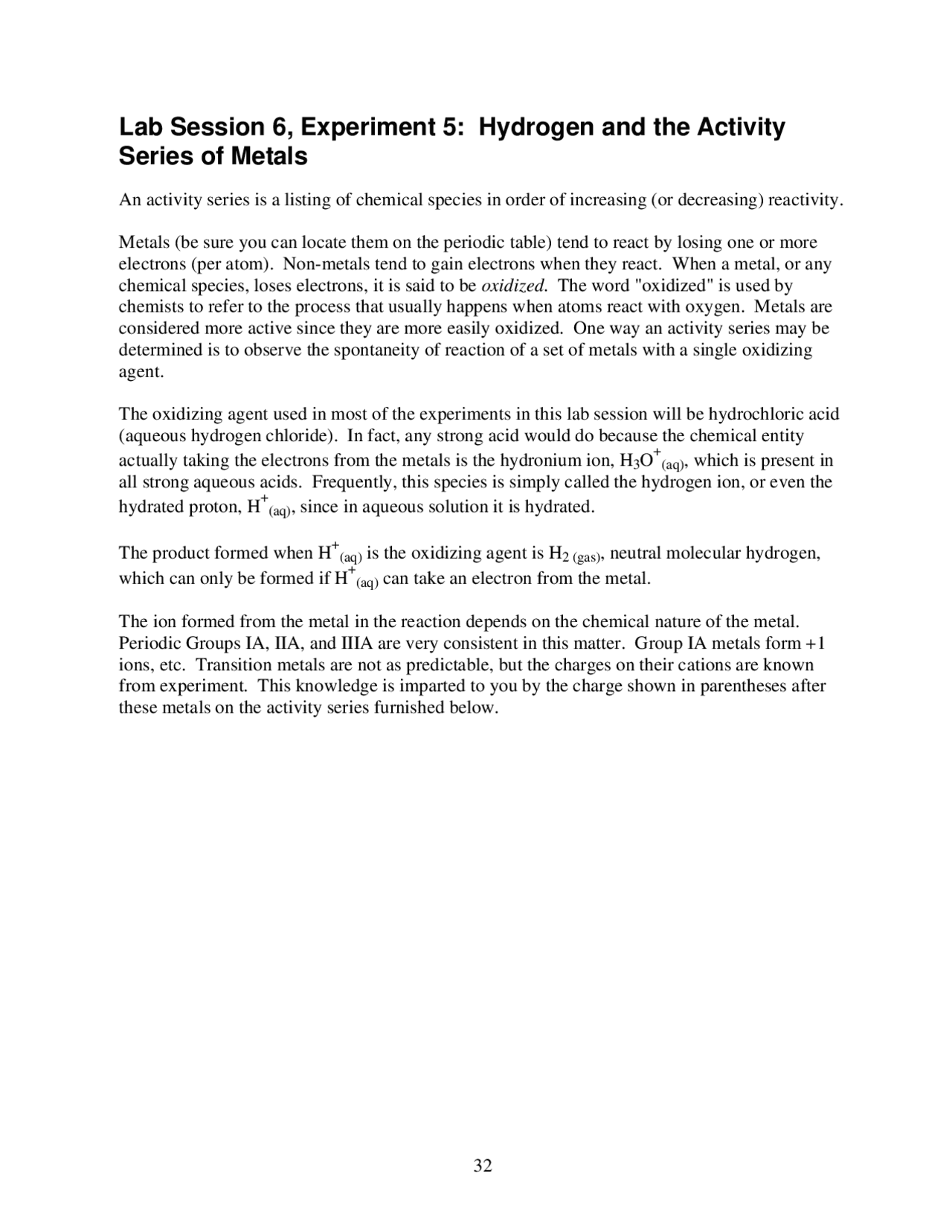 Lab Session 6, Experiment 5: Hydrogen and the Activity ... | Study Guides, Projects, Research ...