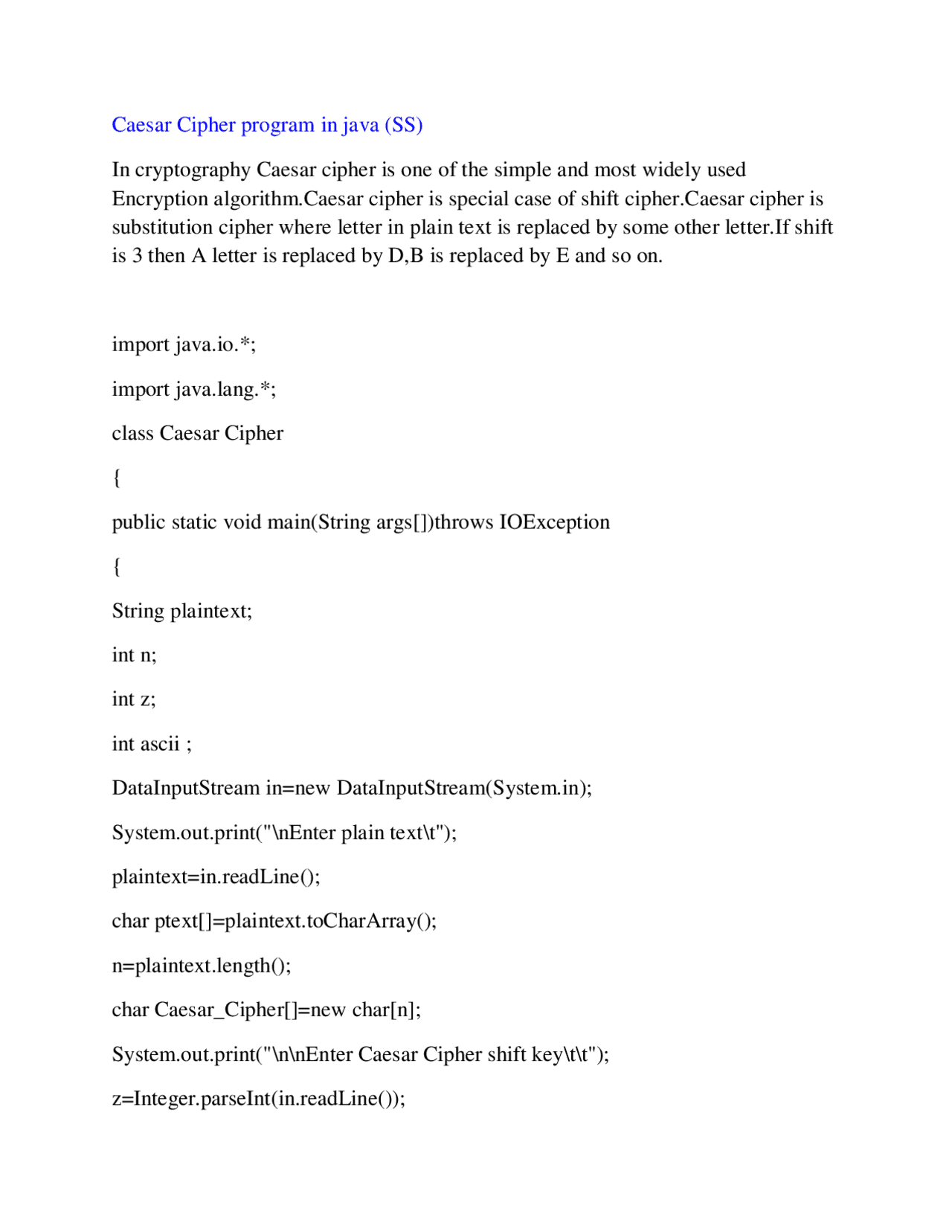 Caesar Cipher Program In Java Ss In Cryptography Caesar Cipher 0100