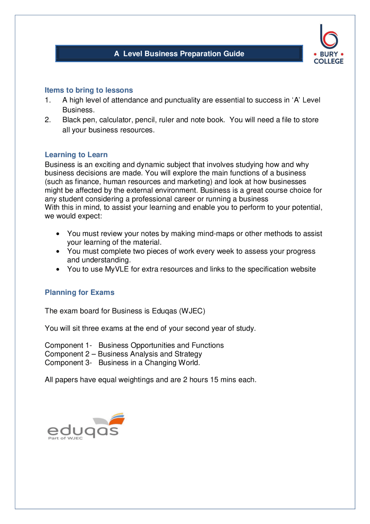 A Level Business Preparation Guide Lecture Notes Business Docsity