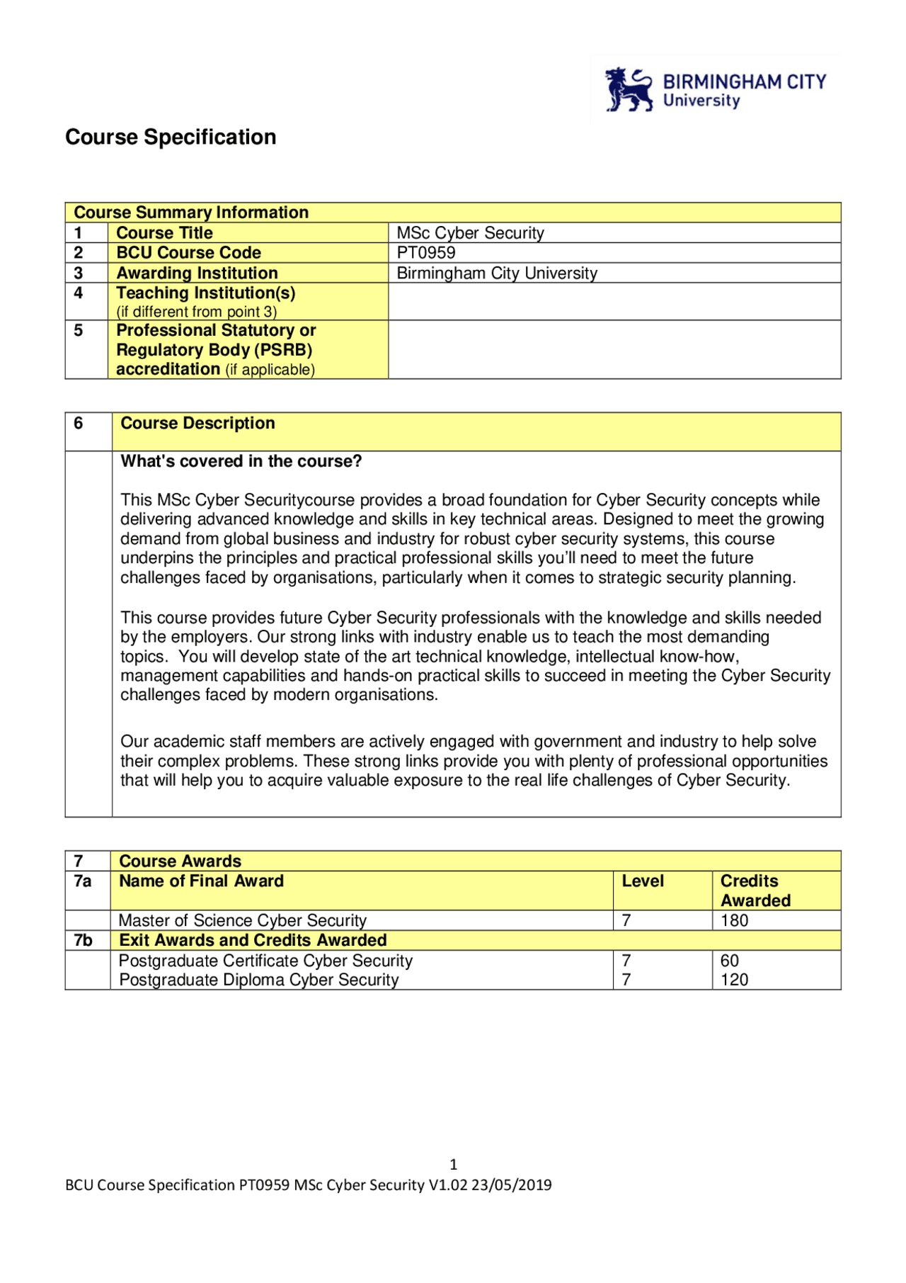PT0959 MSc Cyber Security v1.02 | Exercises Business | Docsity