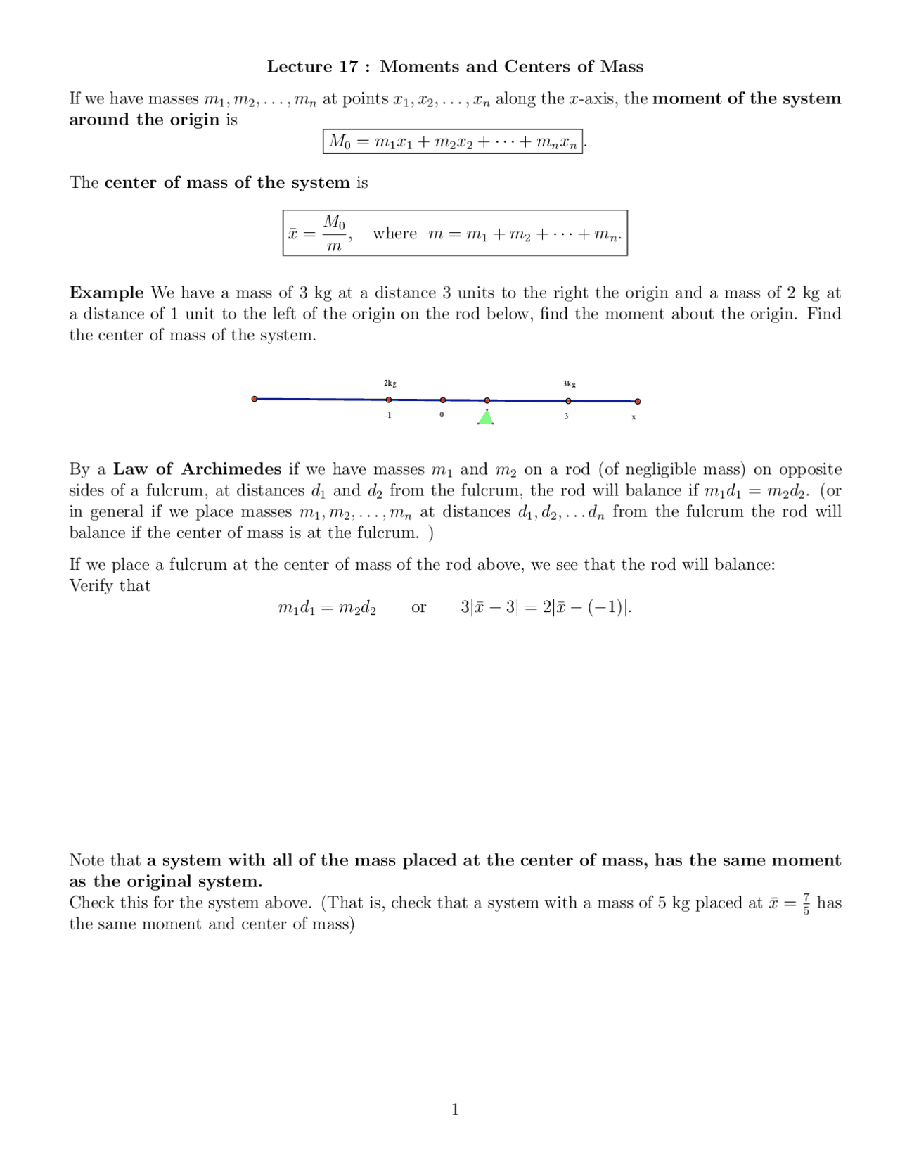Moments And Centers Of Mass If We Have Masses M1m2 Lecture Notes