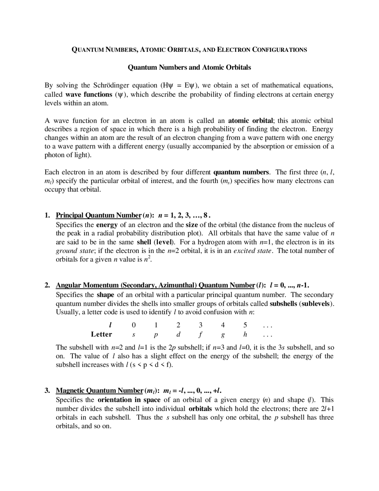 Quantum Numbers Atomic Orbitals And Electron Configurations Lecture
