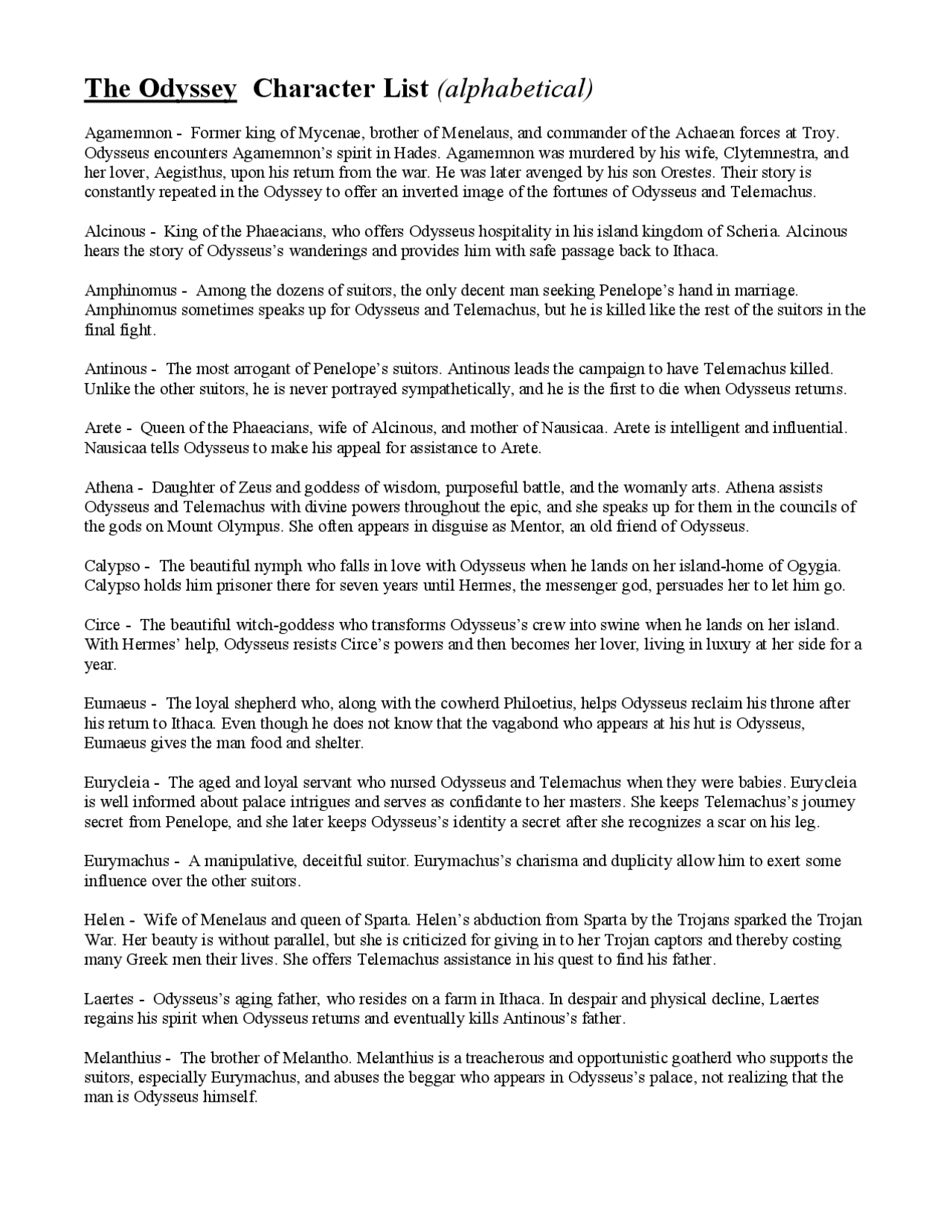 The Odyssey Character List (alphabetical) | Study notes Literature ...