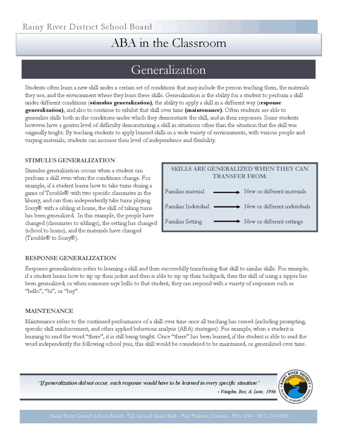 Generalization ABA in the Classroom | Exercises Psychology | Docsity
