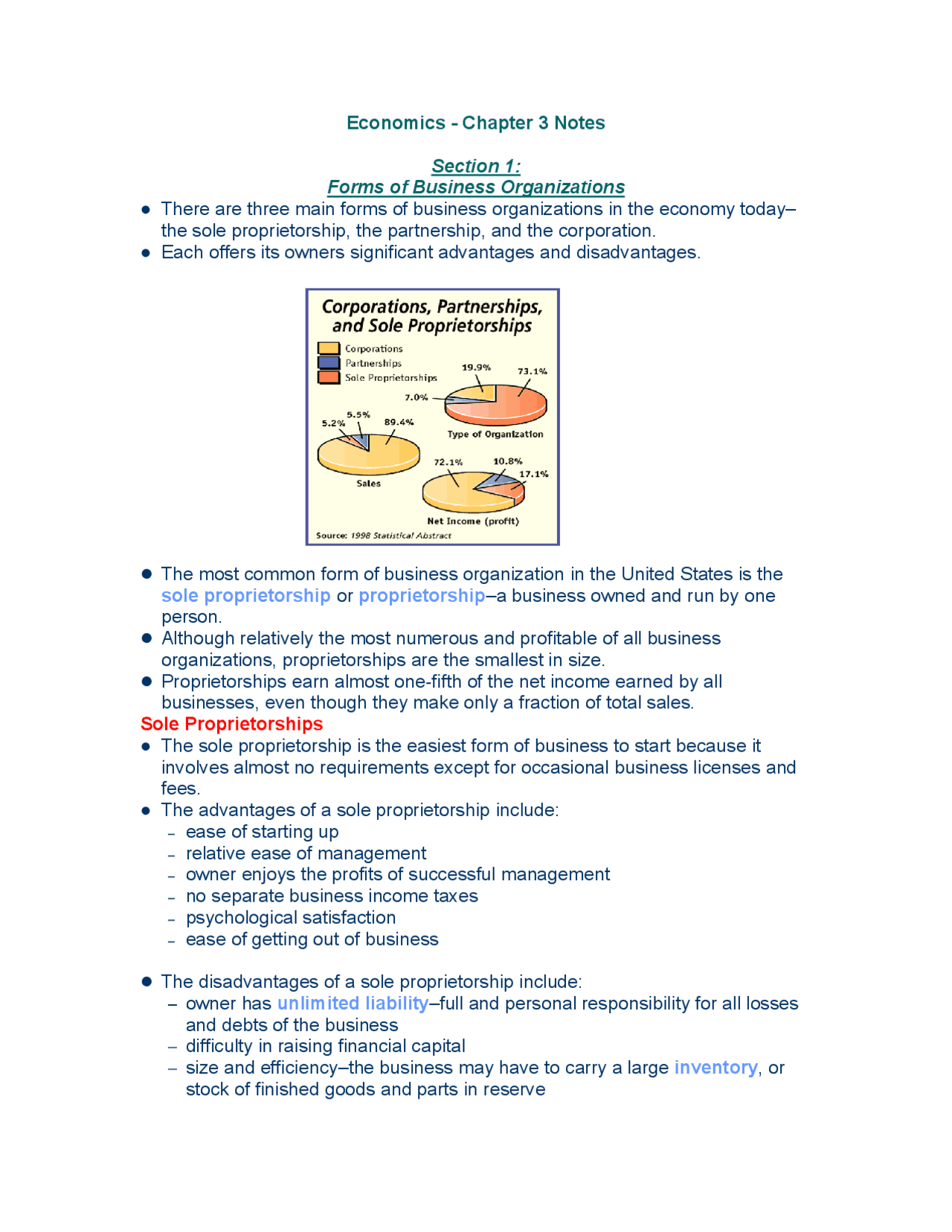Chapter 3 Notes Section 1: Forms of Business Organizations | Study ...
