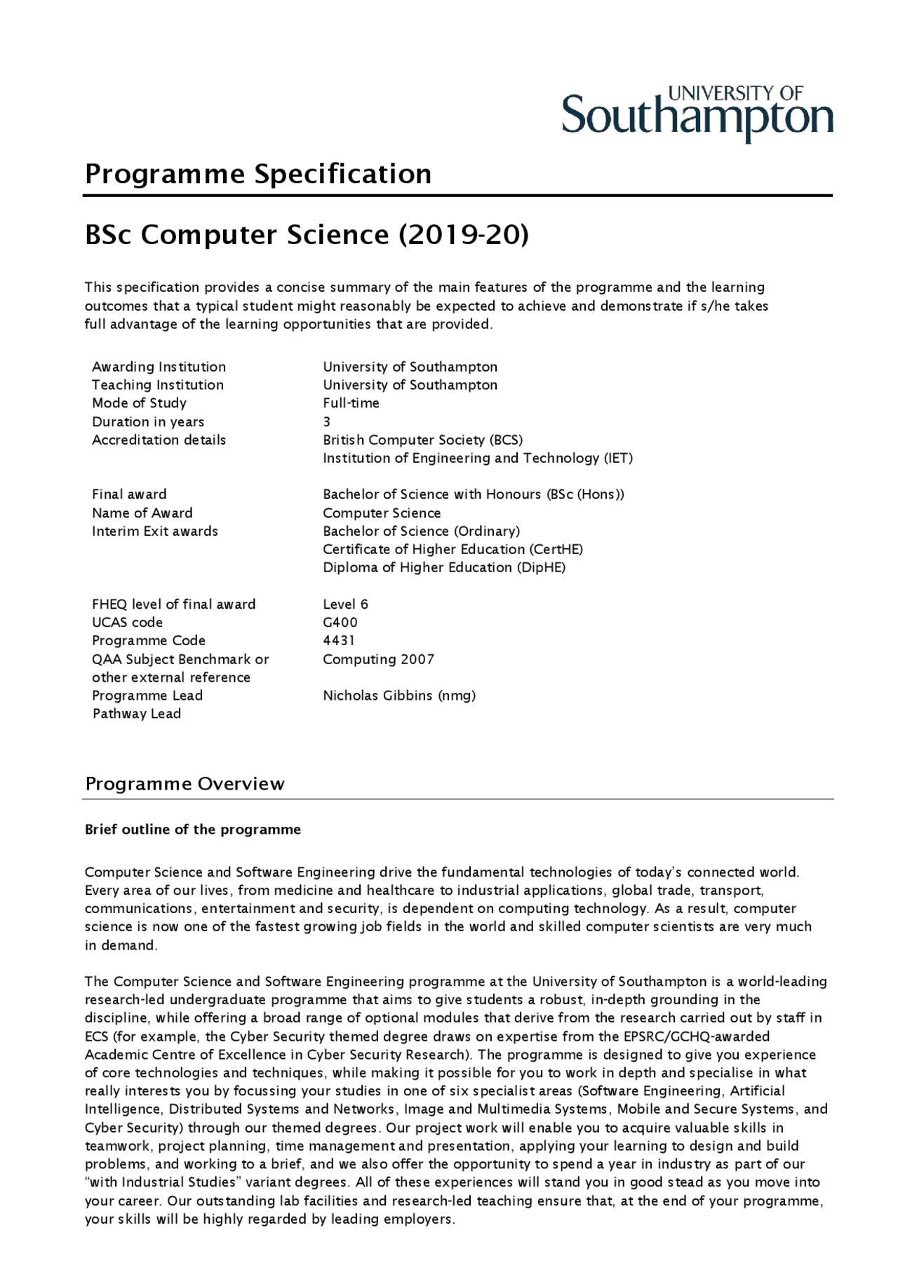 Programme Specification BSc Computer Science (2019-20) | Study notes ...