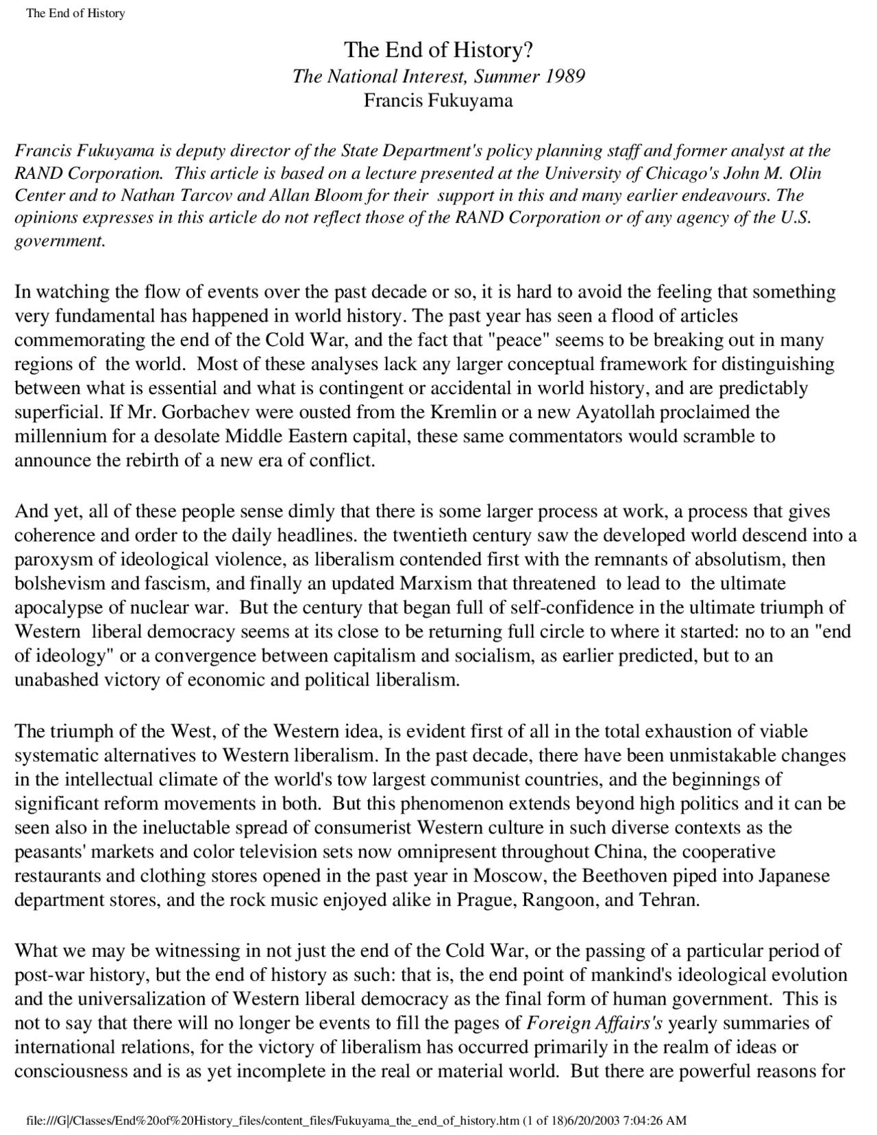 The End of History: A New Perspective on World Events and Ideological ...