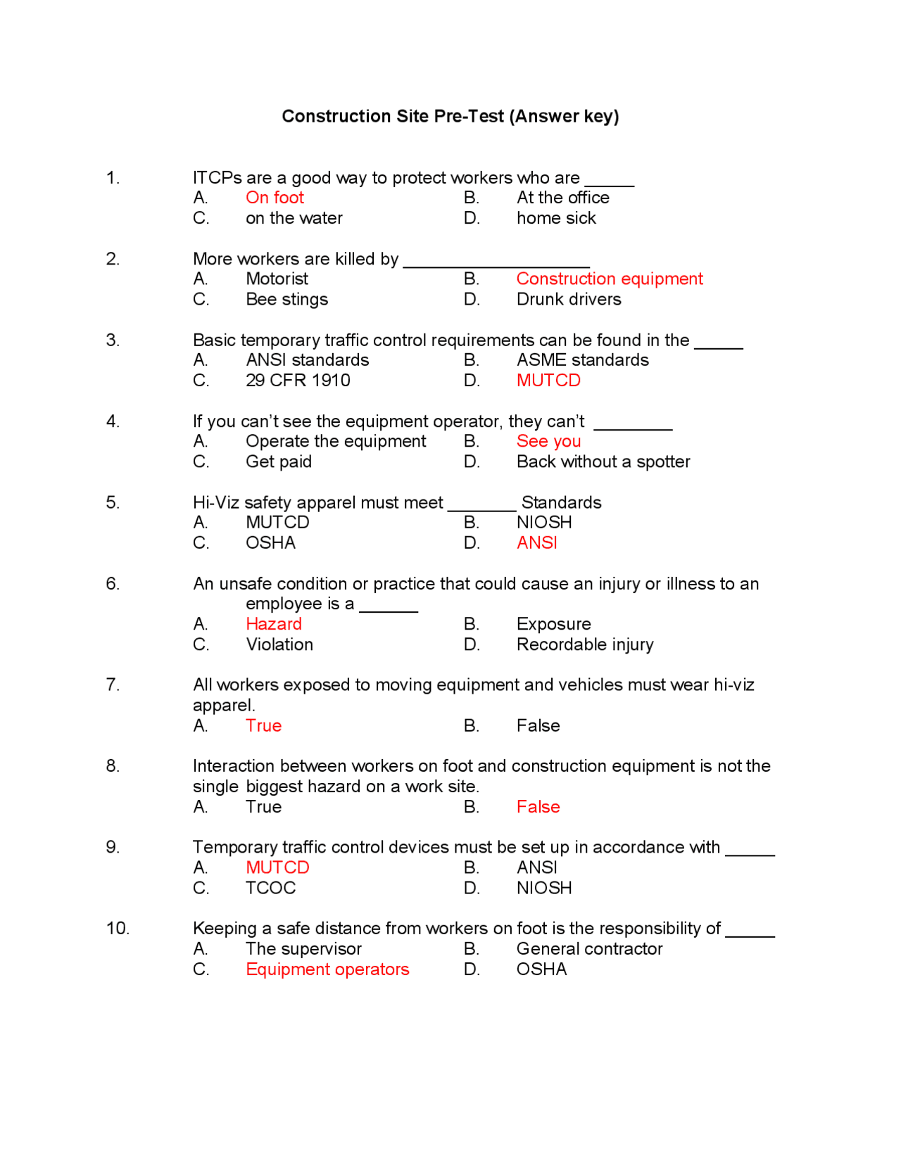 Construction Site Pre-Test Answer Key | Study Guides, Projects ...
