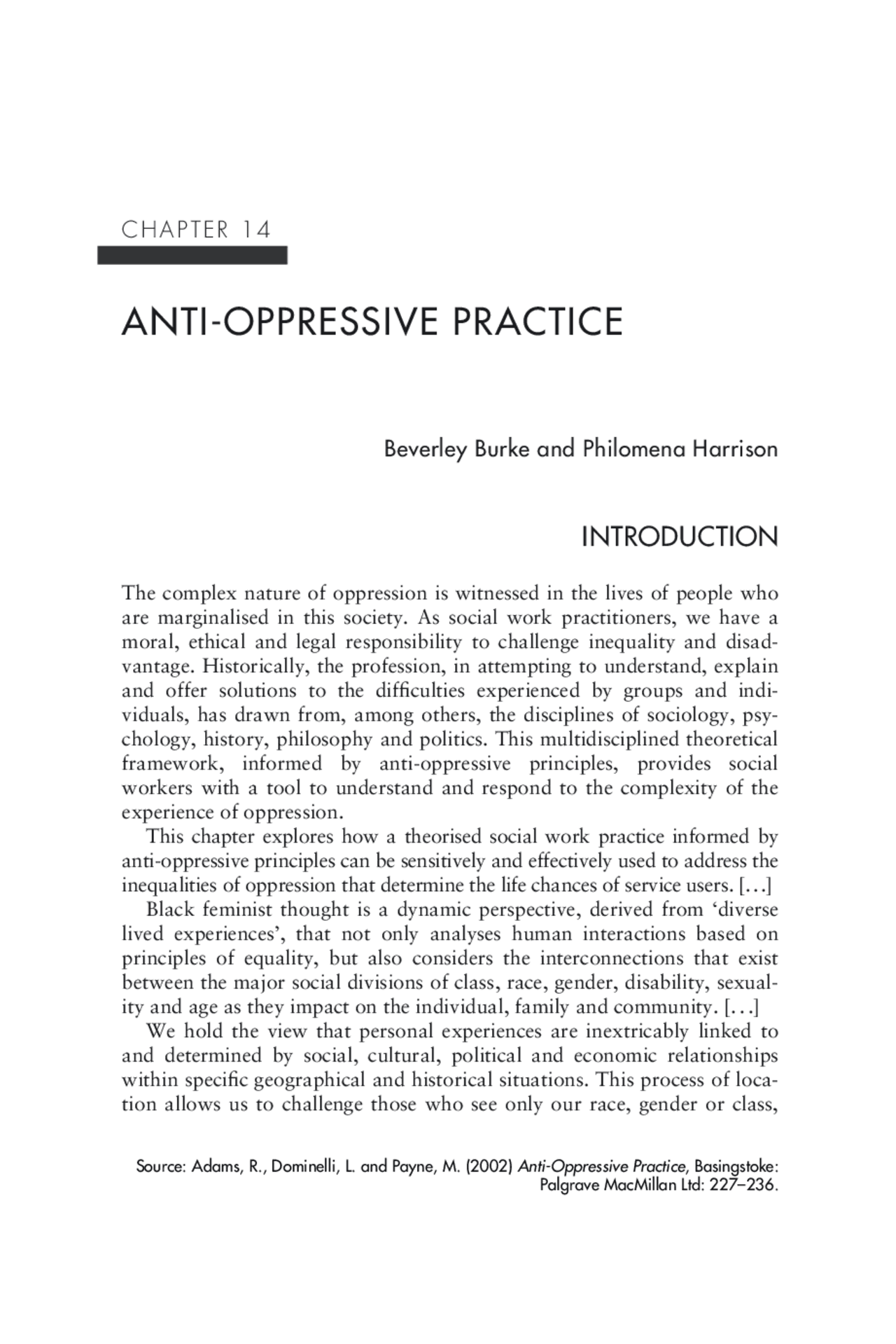 ANTI-OPPRESSIVE PRACTICE | Exercises Social Work | Docsity