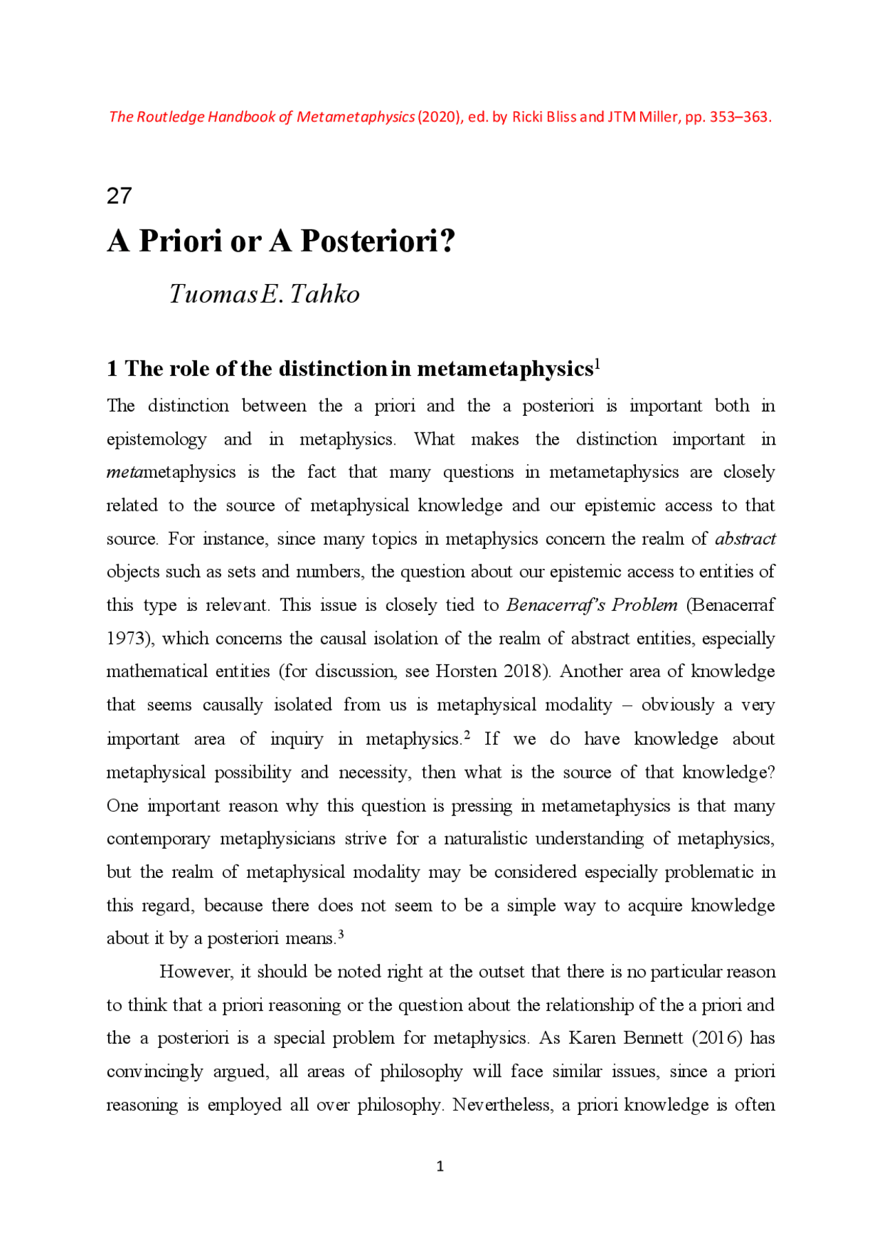 A Priori or A Posteriori? | Slides Epistemology | Docsity