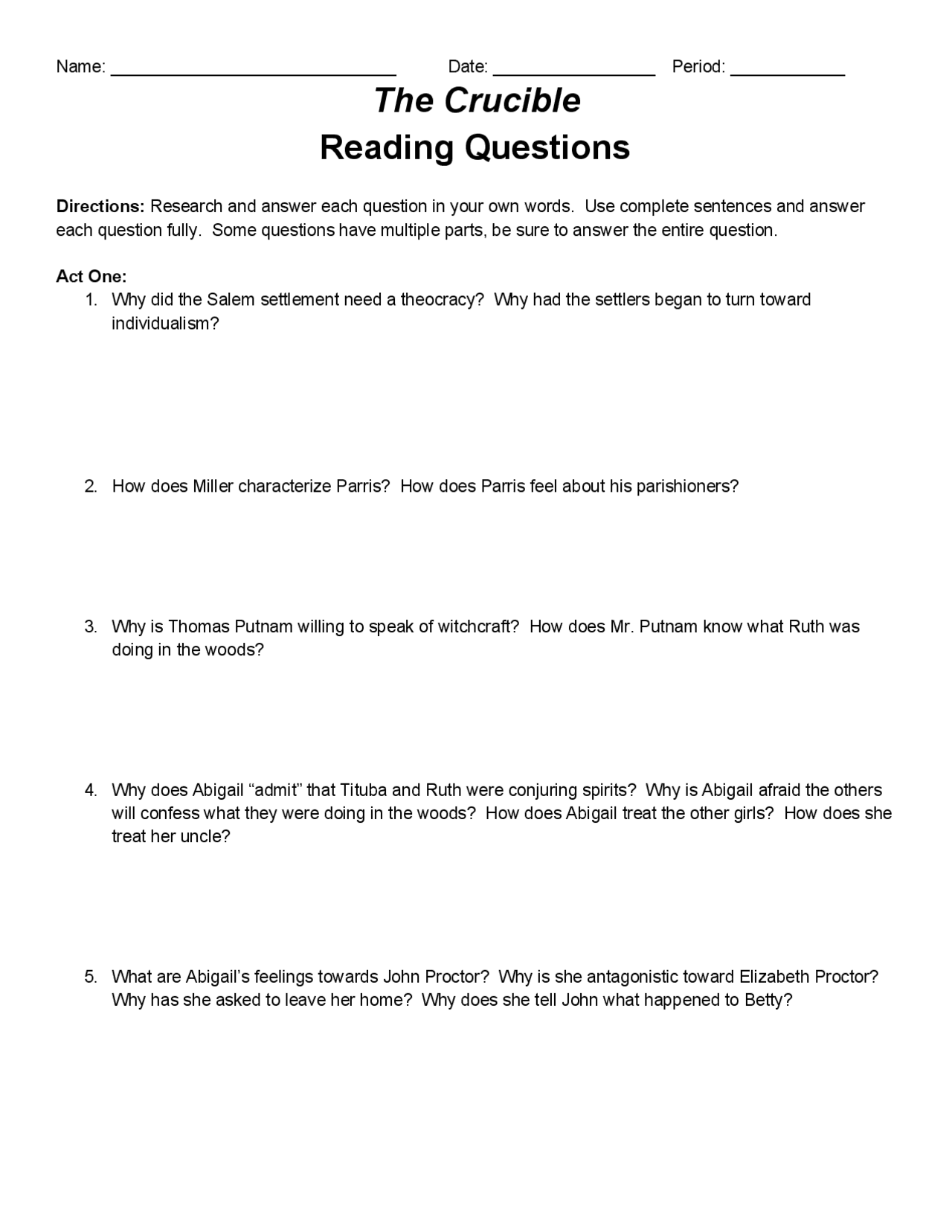 The Crucible Reading Questions | Slides Literature | Docsity