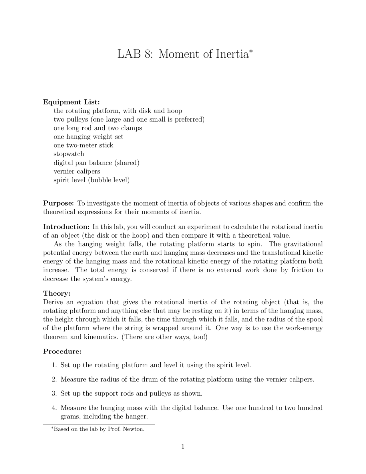 LAB 8: Moment of Inertia | Study notes Kinematics | Docsity