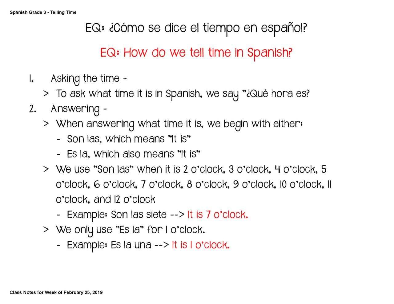 EQ: How do we tell time in Spanish? | Lecture notes Spanish | Docsity