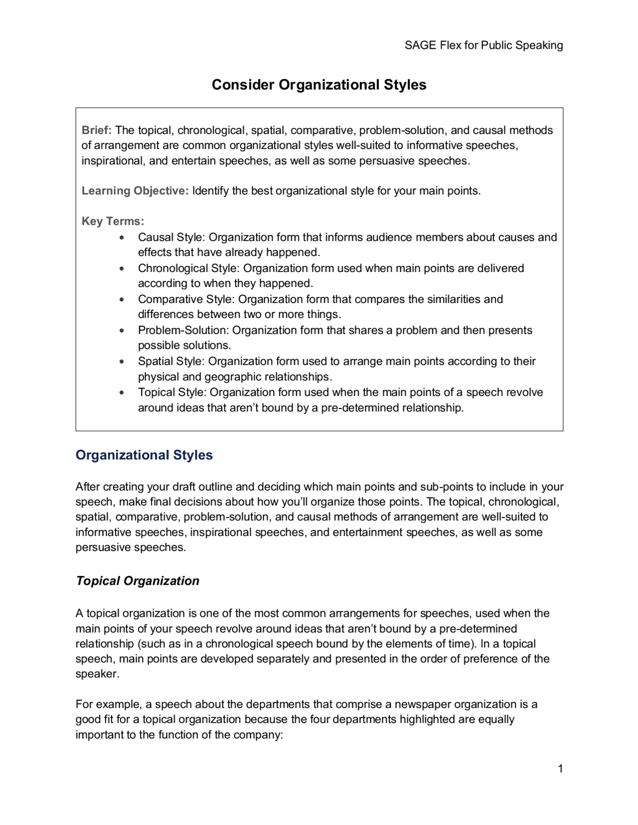 Effective Public Speaking: Organizational Styles - Topical ...