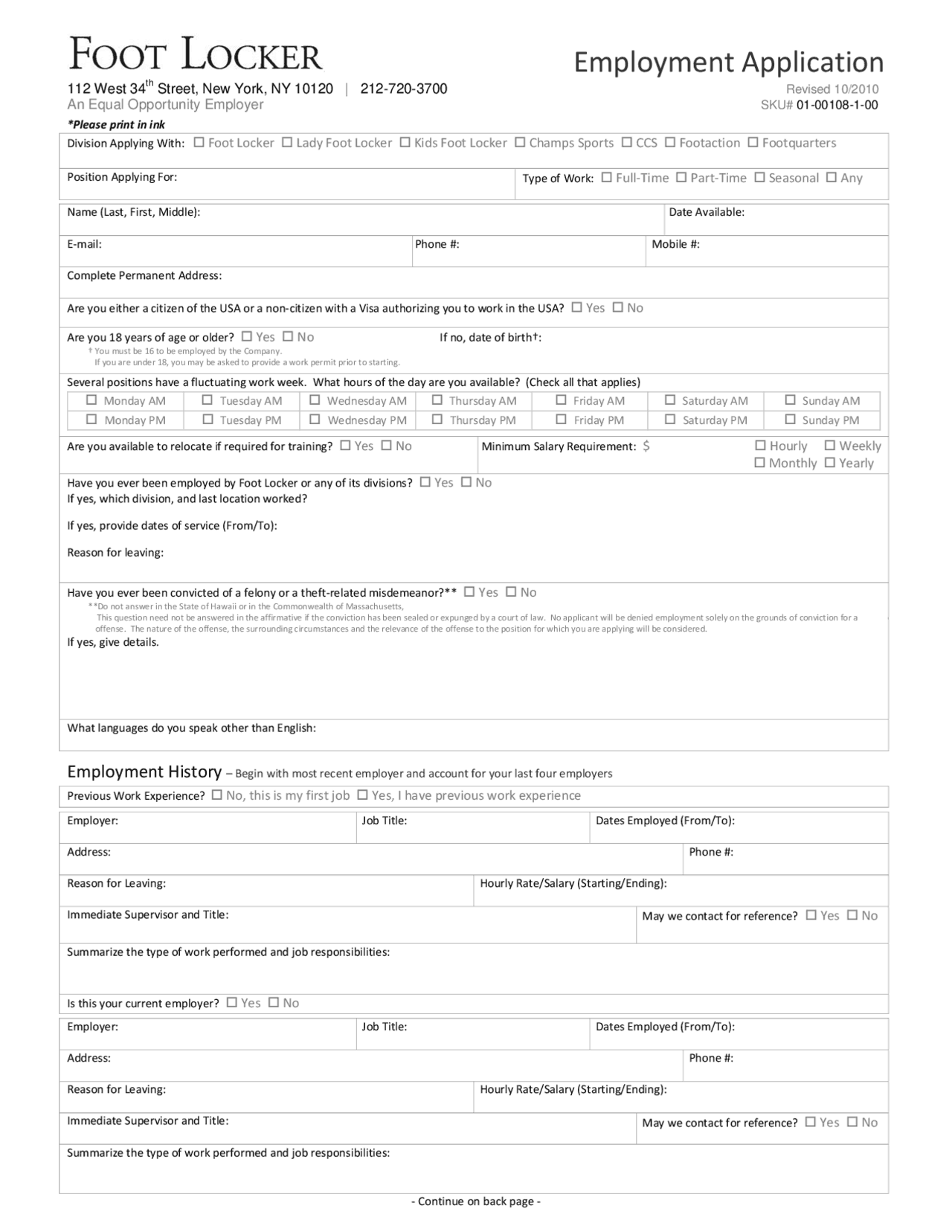 Foot Locker Employment Application | Exercises Law | Docsity