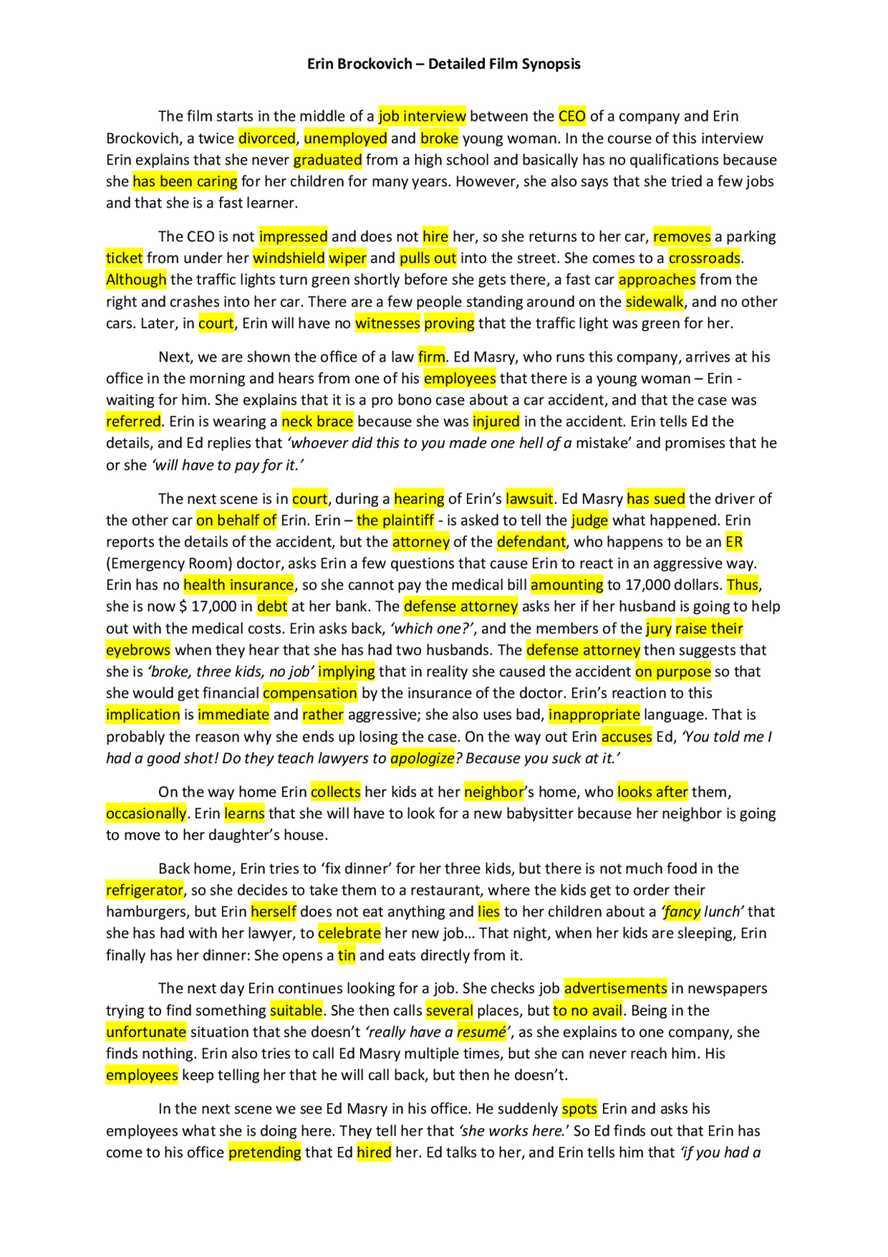 Erin Brockovich – Detailed Film Synopsis | Lecture notes Law | Docsity