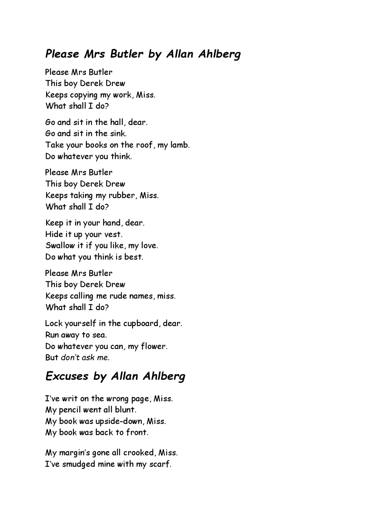 Please Mrs Butler by Allan Ahlberg | Study notes Poetry | Docsity