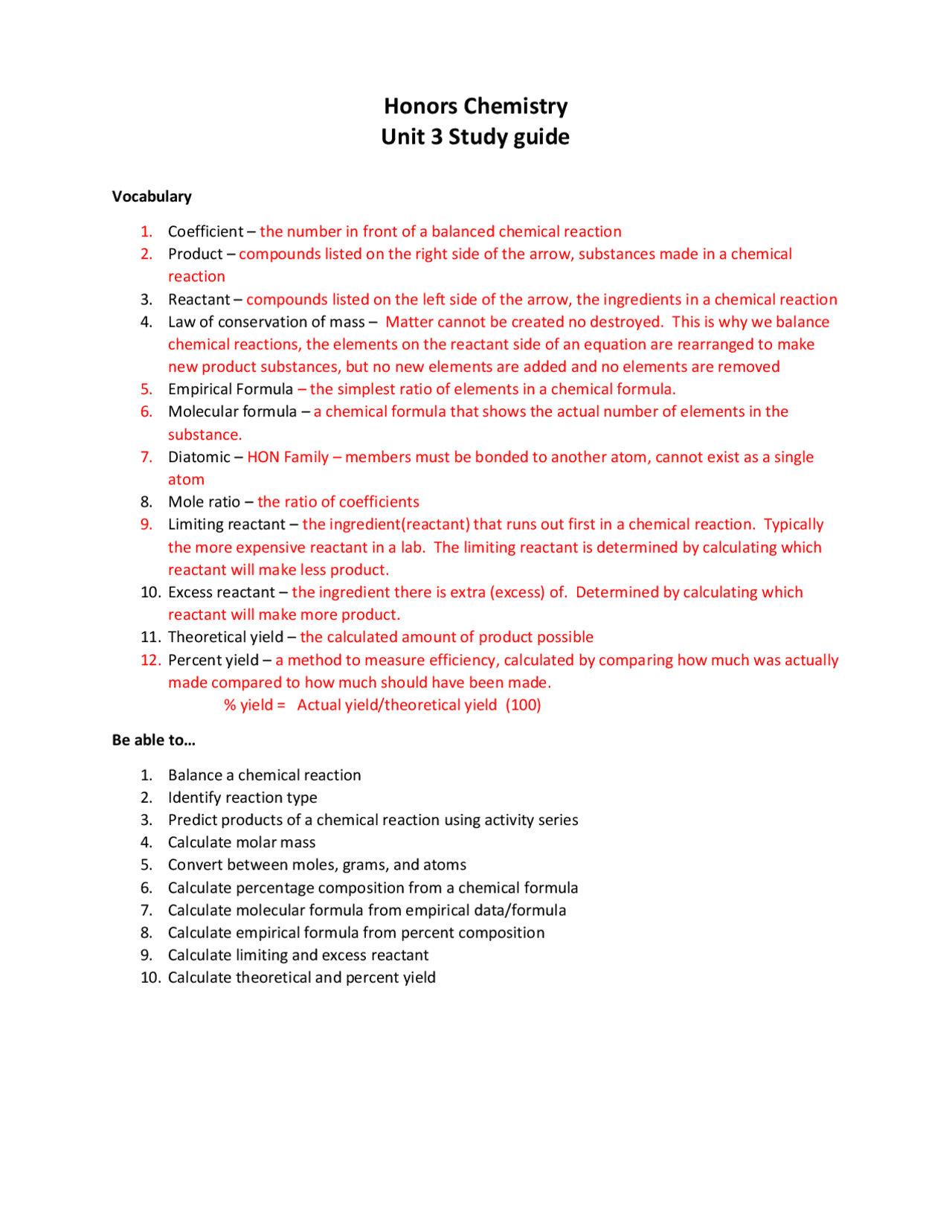 Honors Chemistry Unit 3 Study guide | Exams Chemistry | Docsity