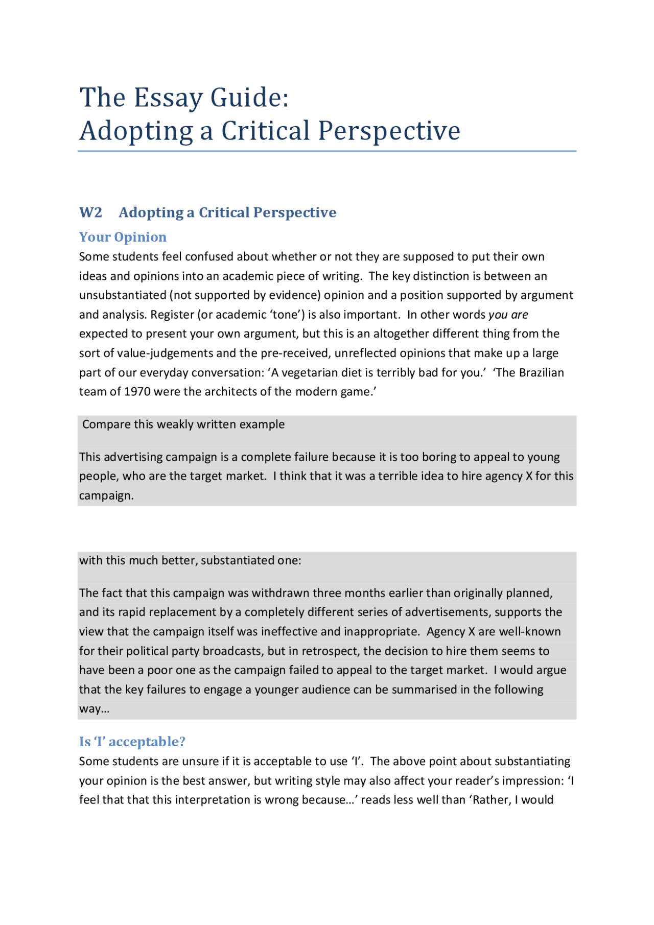 The Essay Guide: Adopting a Critical Perspective | Study notes ...