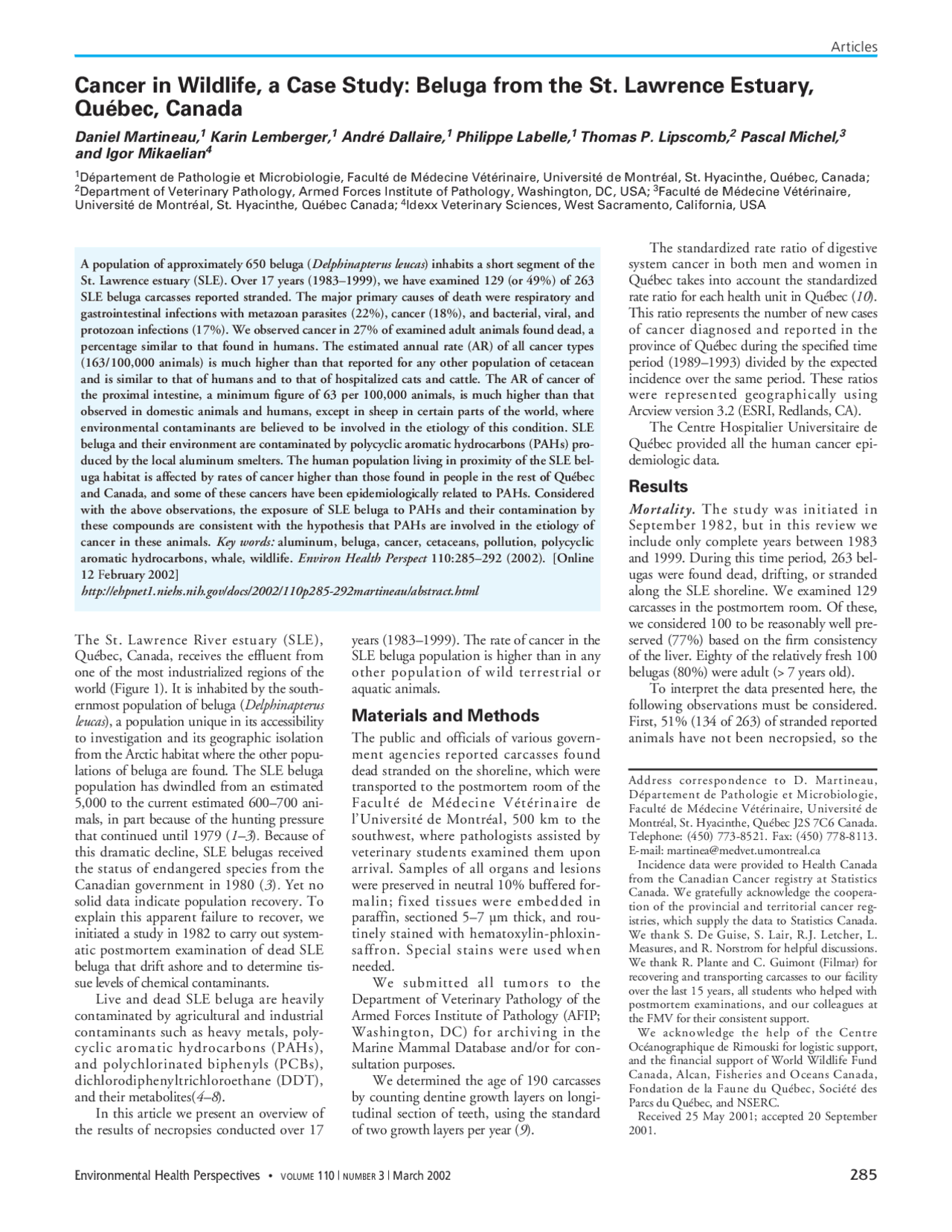 Cancer in Beluga Whales: Biomarker of Environmental Contamination ...