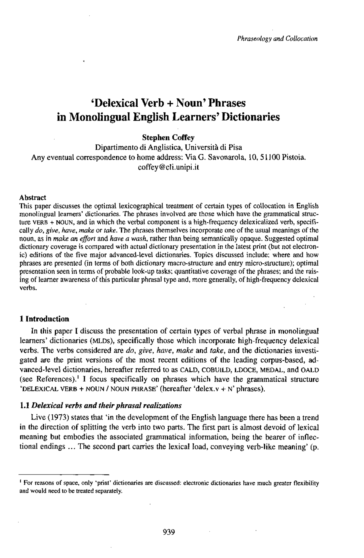 Analysis of 'DELEXICAL VERB + NOUN' Phrases in Learners' Dictionaries ...