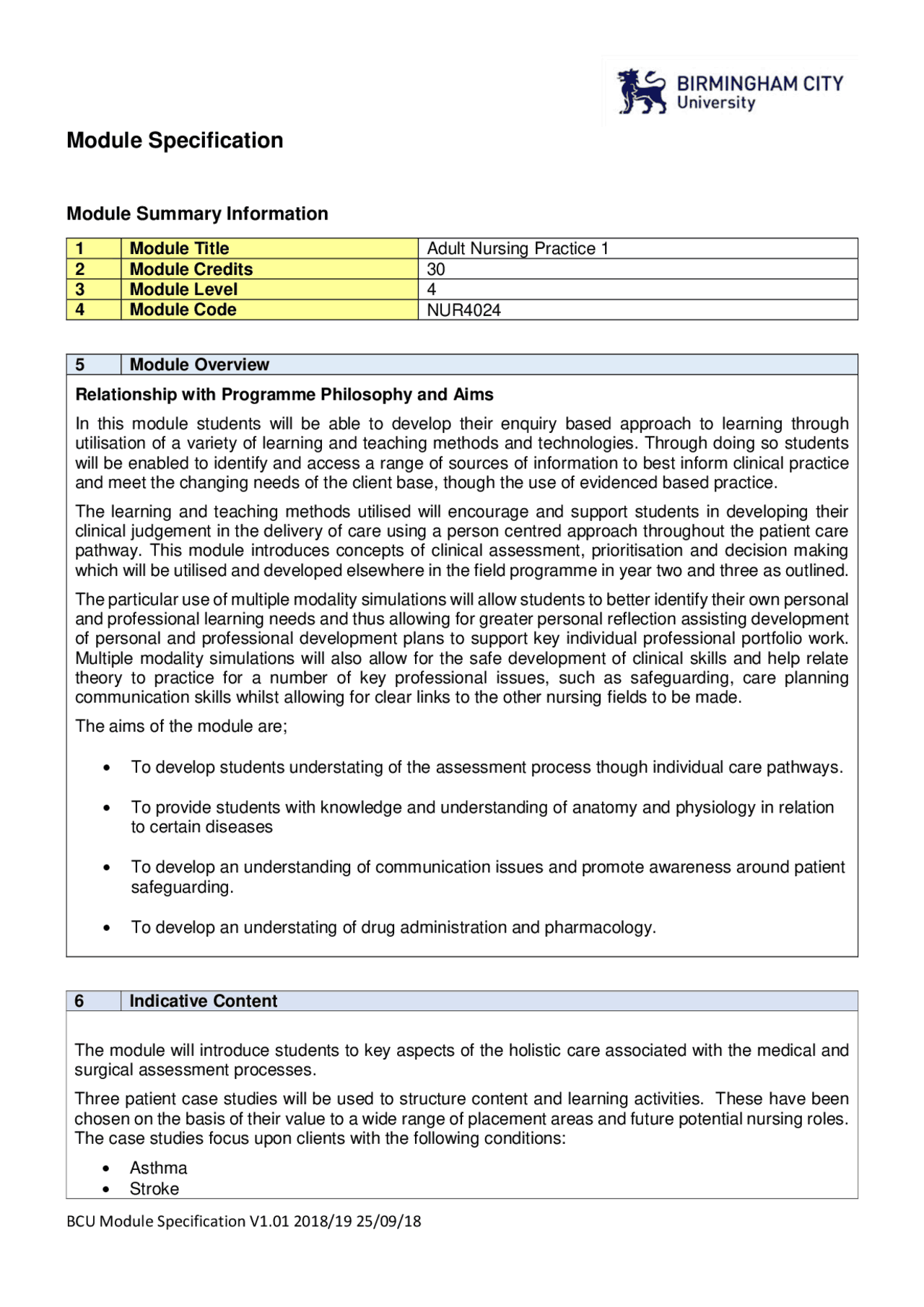 Adult Nursing Practice 1: Module Specification for BCU NUR4024 ...