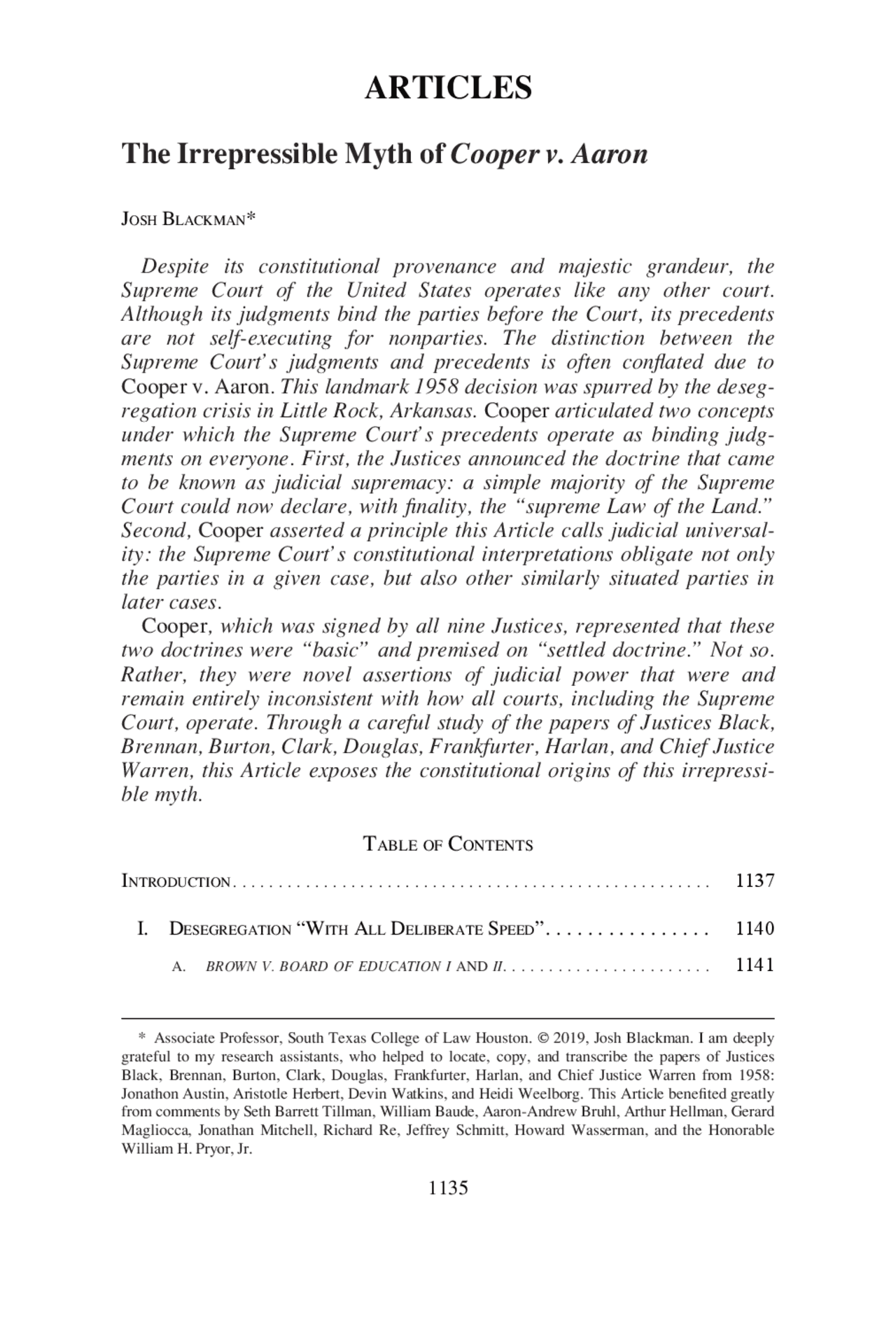 The Irrepressible Myth of Cooper v. Aaron | Study notes Law | Docsity