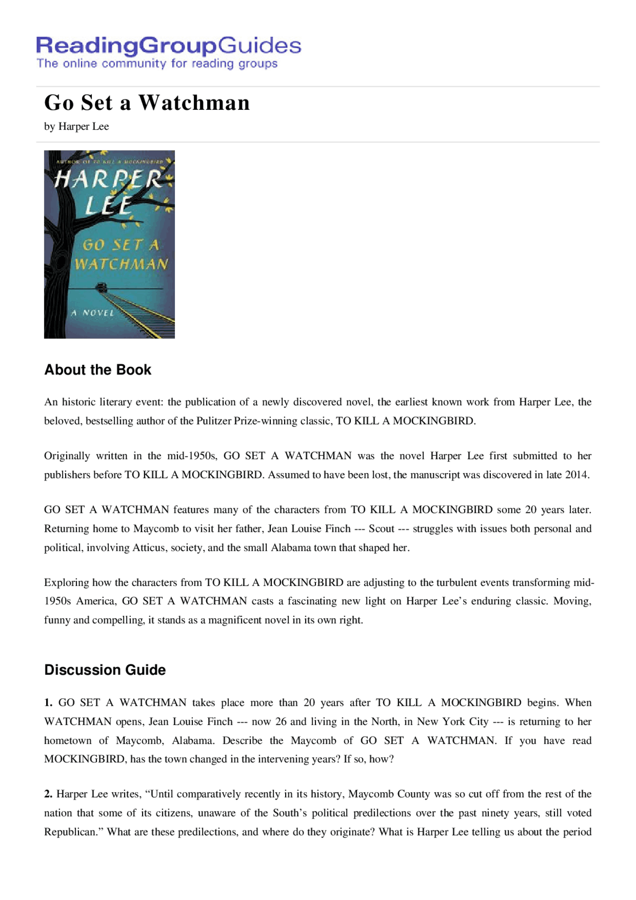 Go Set a Watchman: A Newly Discovered Novel by Harper Lee | Study notes ...