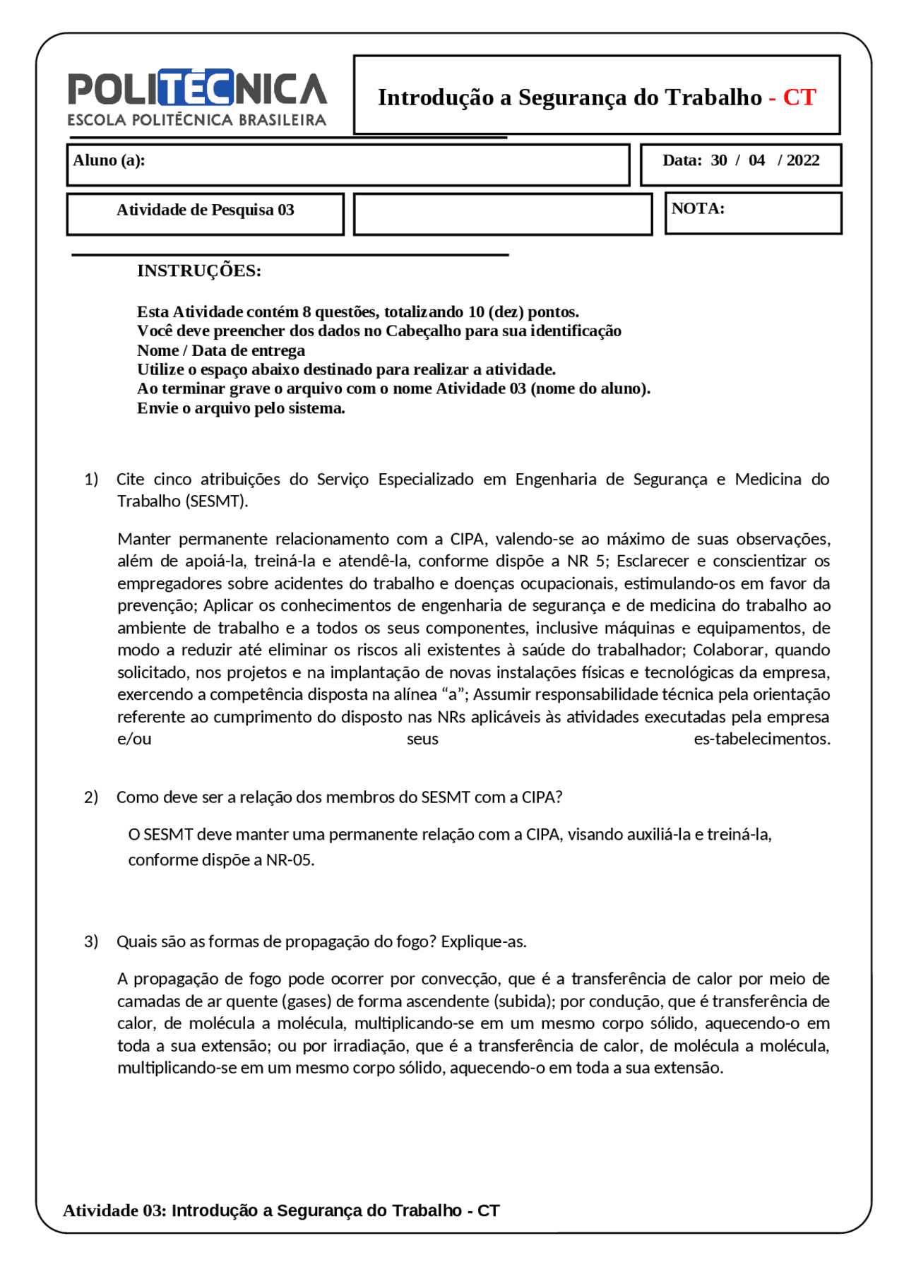 Introdução A Segurança Do Trabalho Exercícios Matérias Técnicas Docsity