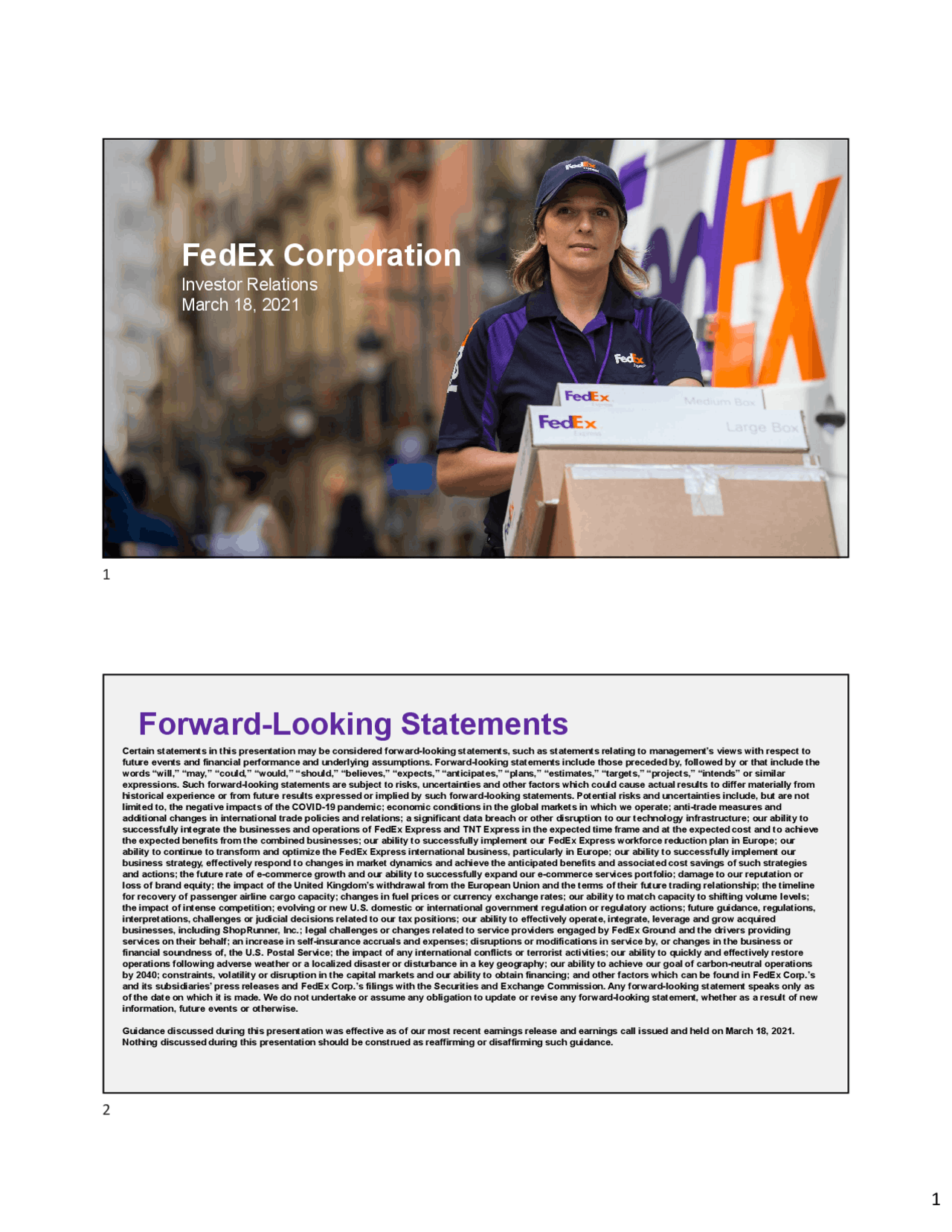 FedEx Corporation Forward-Looking Statements | Exercises Business | Docsity