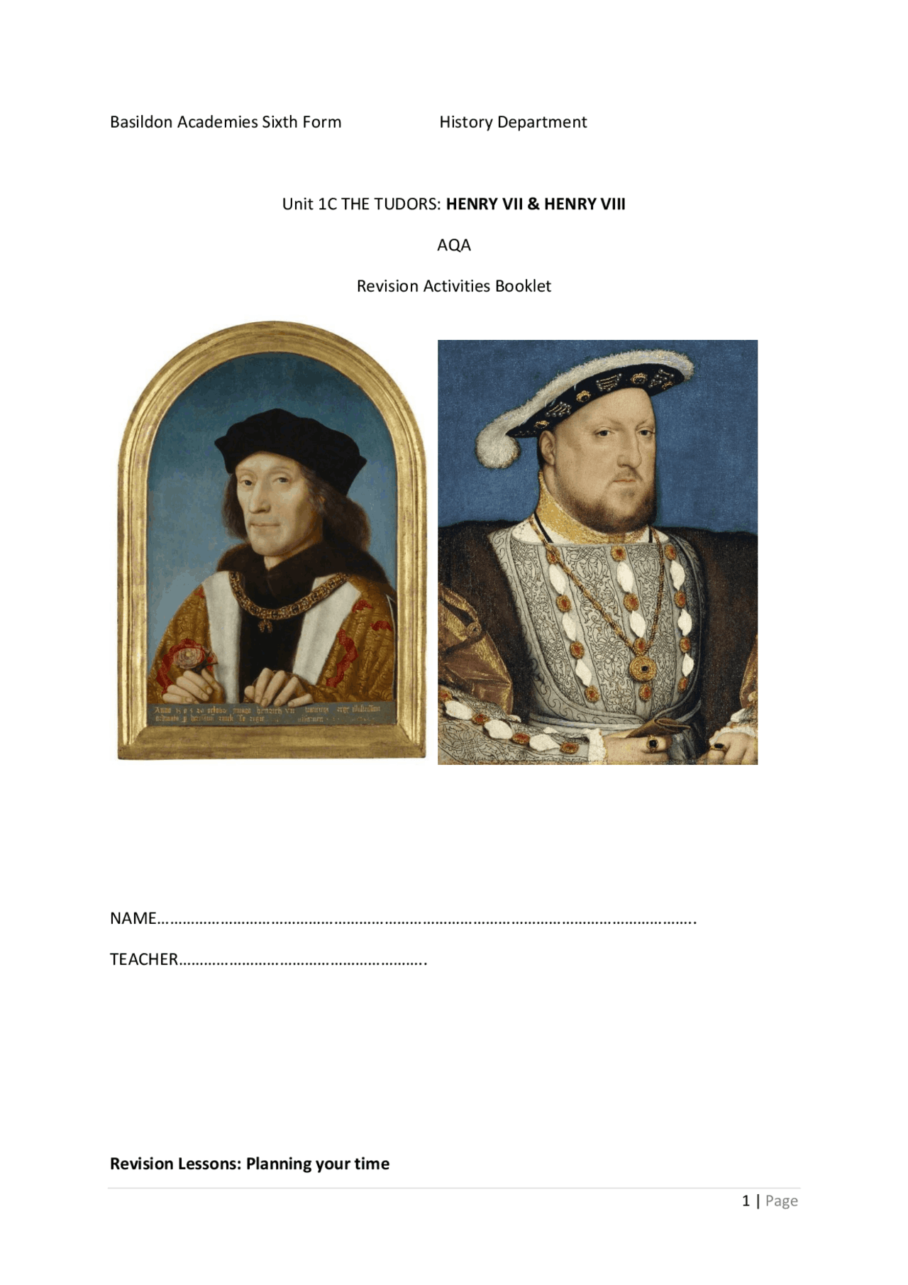 HENRY VII & HENRY VIII AQA Revision Activities Booklet | Study Guides ...