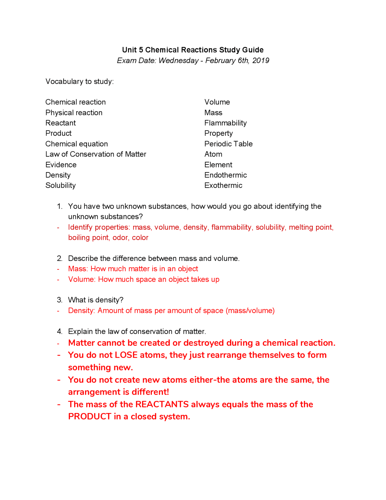 Unit 5 Chemical Reactions Study Guide | Summaries Law | Docsity