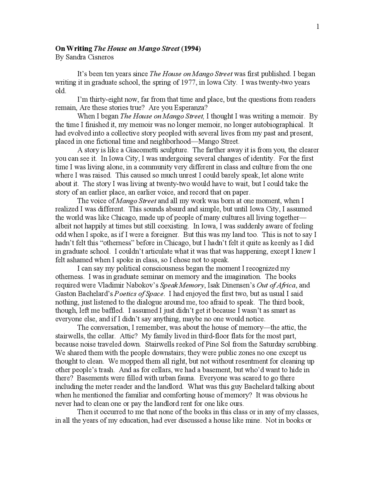 On Writing The House on Mango Street (1994) | Study notes Voice | Docsity