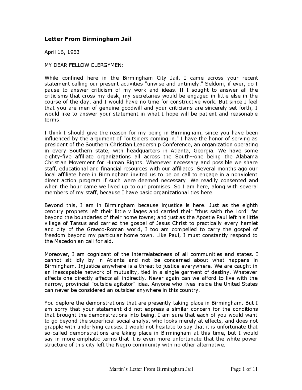 Martin's Letter From Birmingham Jail Page 1 of 11 Letter From ...