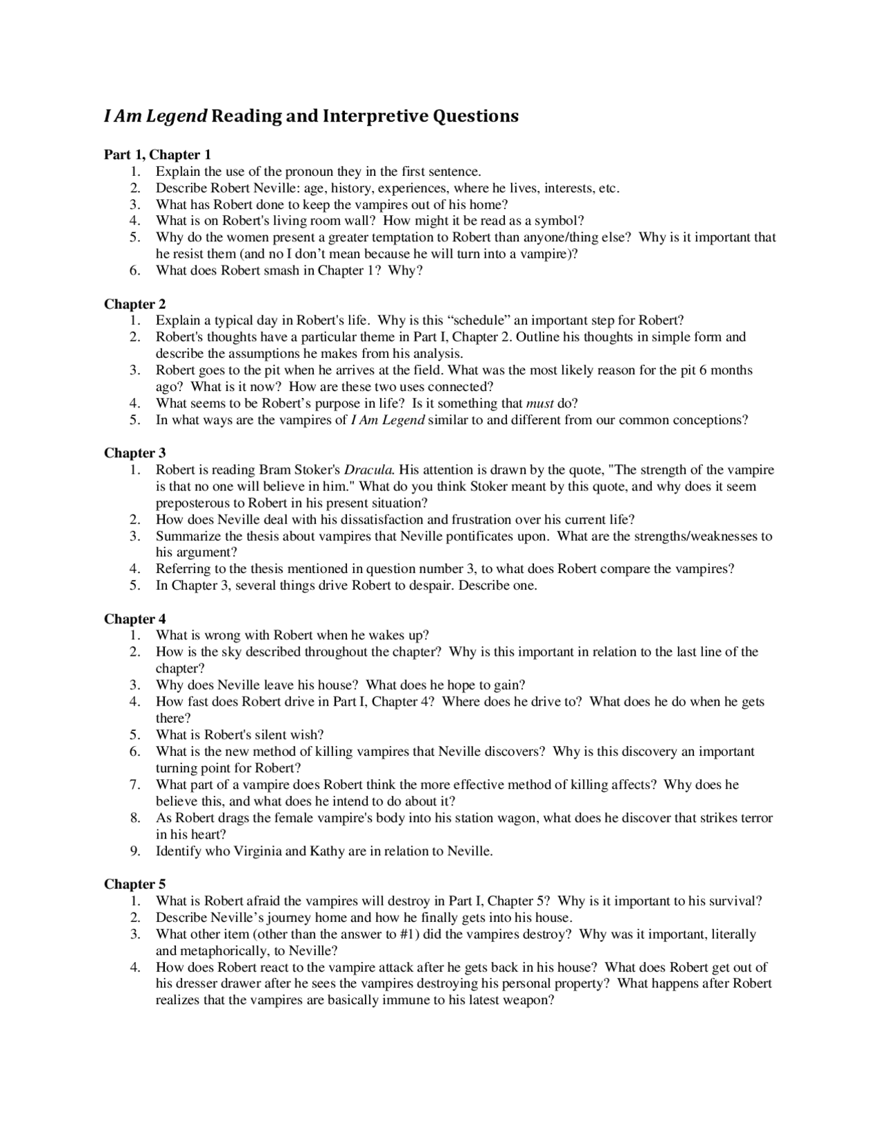 I Am Legend Reading and Interpretive Questions | Study Guides, Projects ...