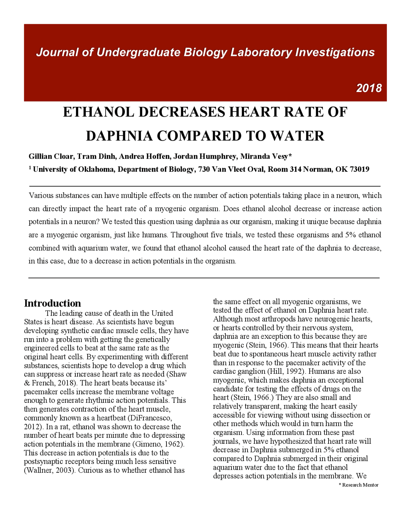 ETHANOL DECREASES HEART RATE OF DAPHNIA ... | Slides Biology | Docsity