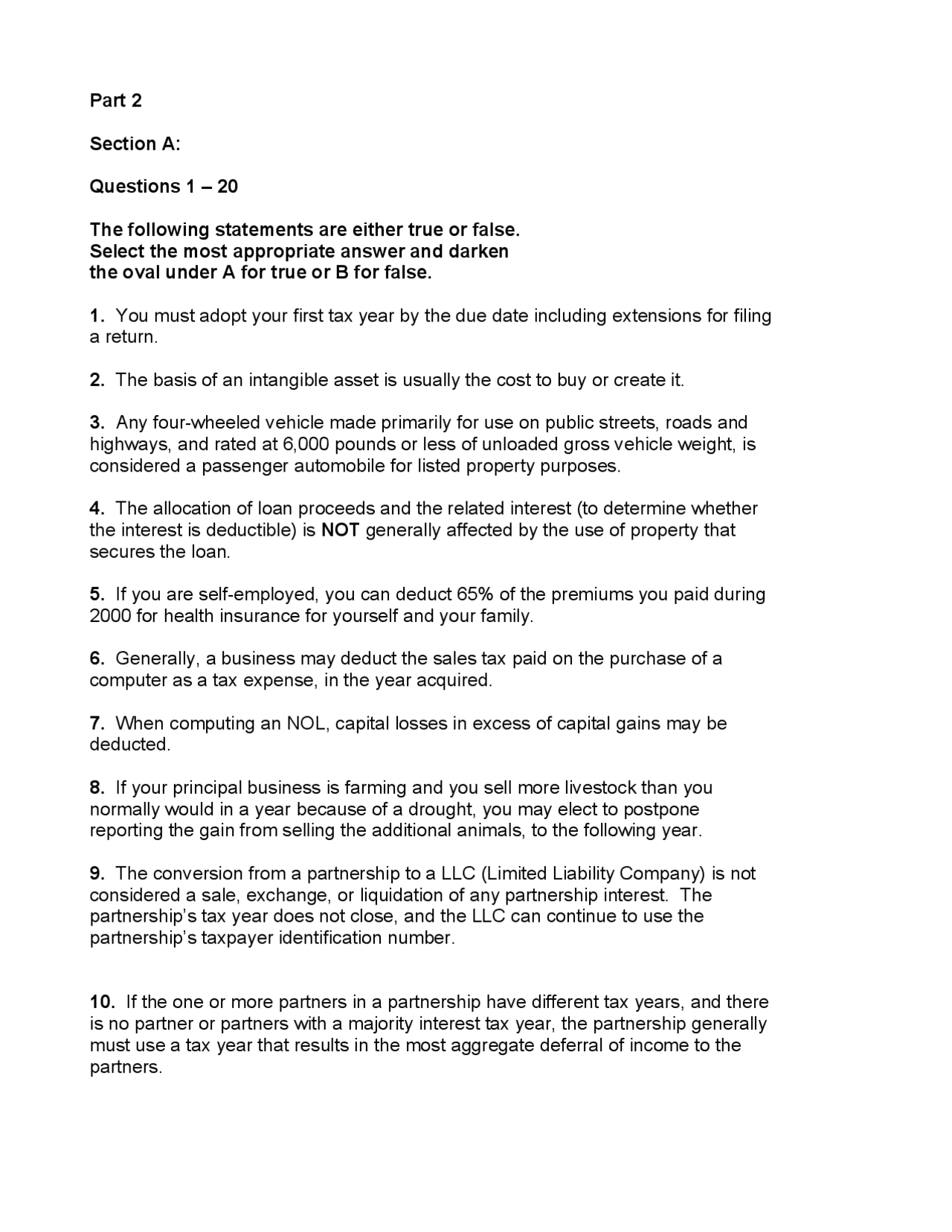 Part 2 Section A: Questions 1 – 20 The following statements ...