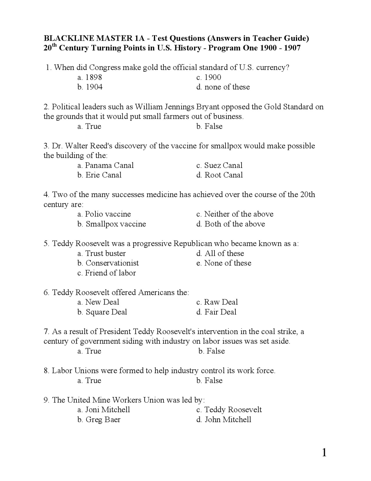Test Questions (Answers in Teacher Guide) 20th Century ... | Lecture ...