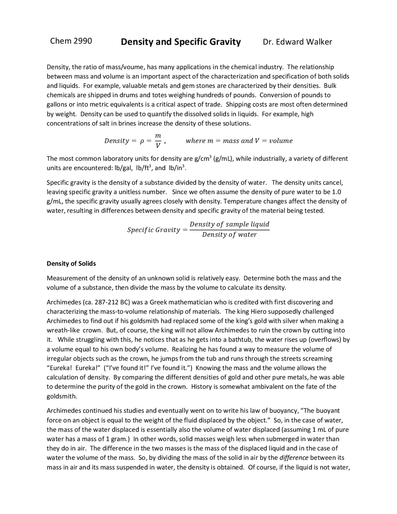 Density and Specific Gravity | Study notes History | Docsity