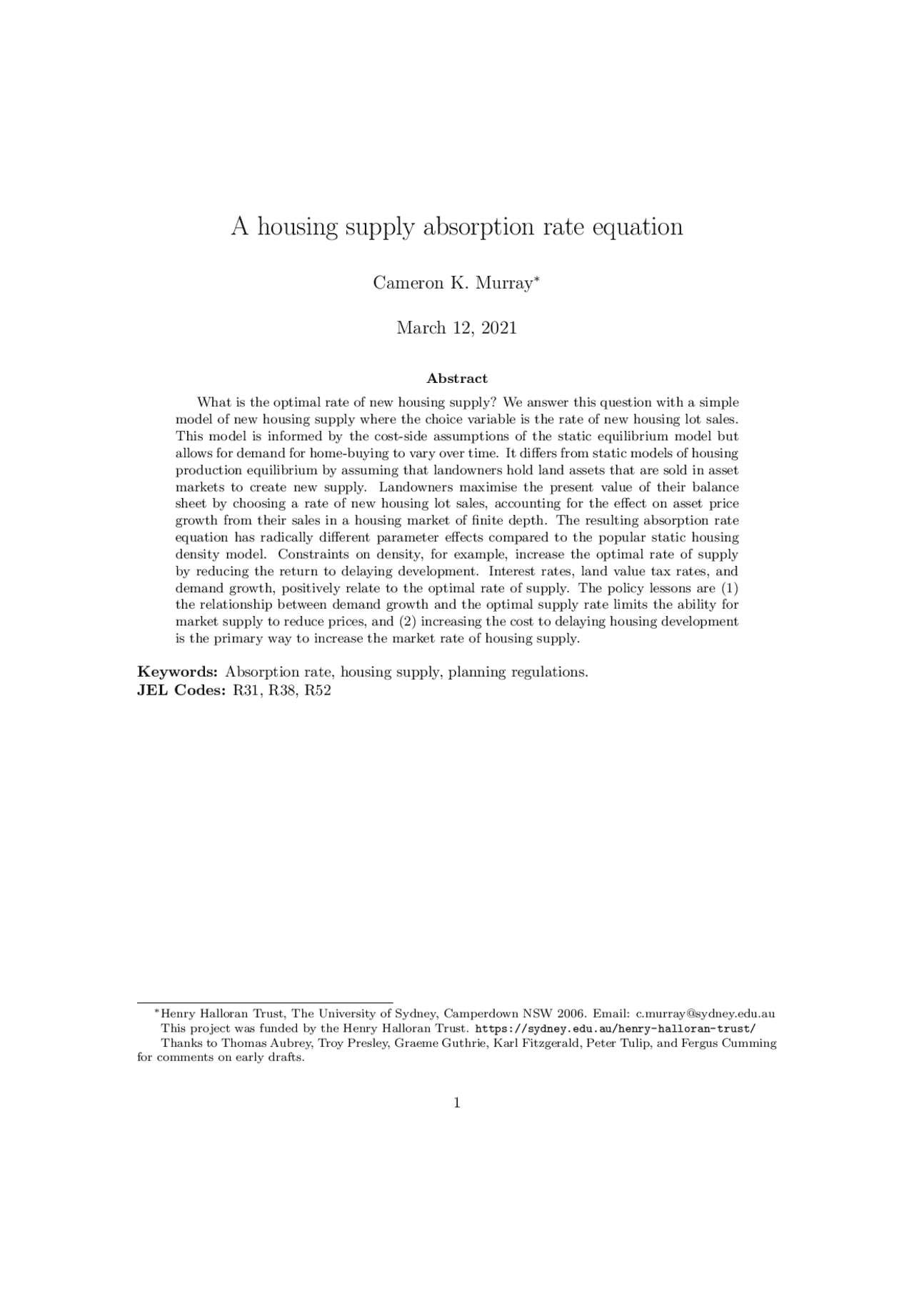 A housing supply absorption rate equation | Lecture notes Economics ...
