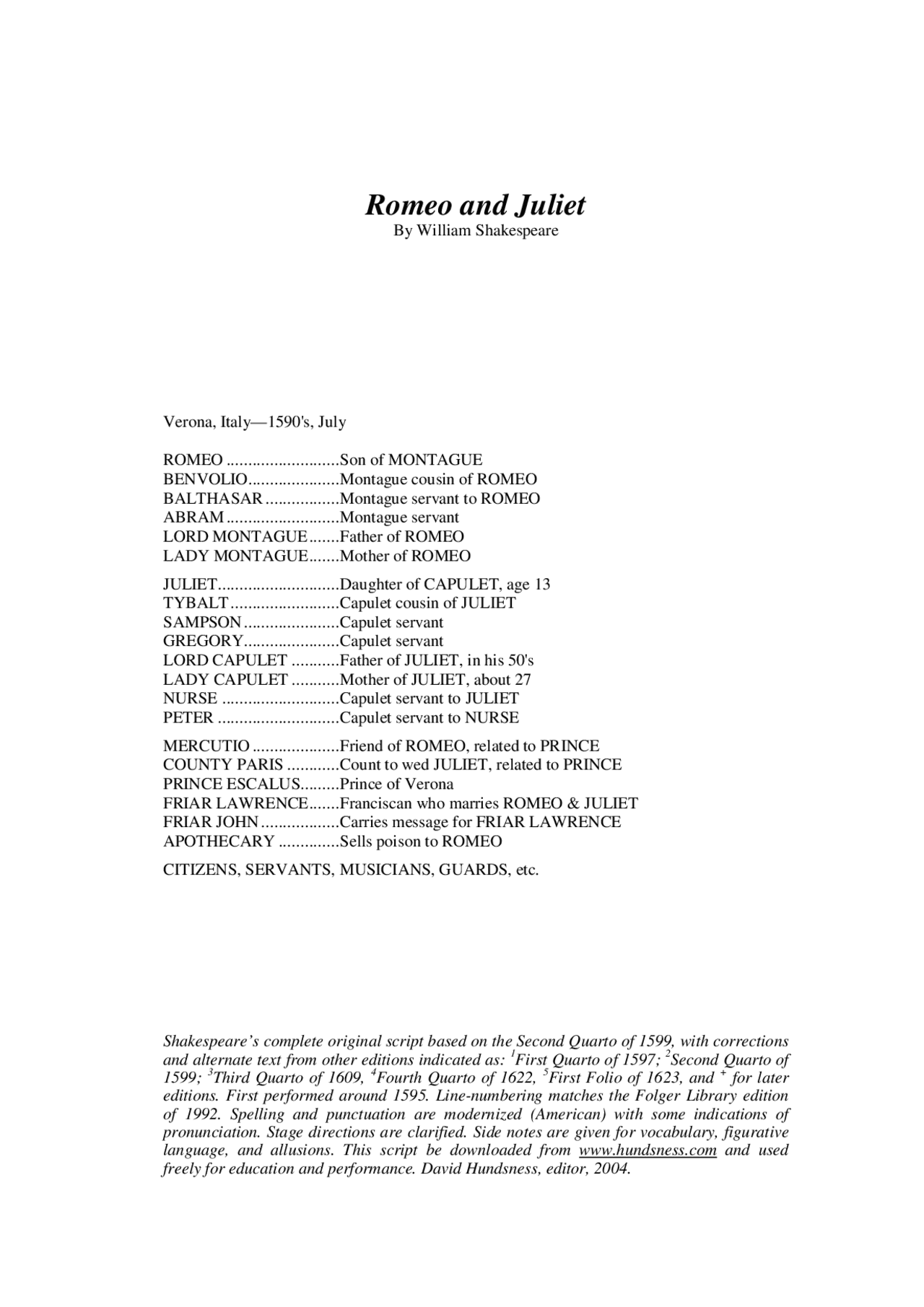 Romeo and Juliet Full Script | Lecture notes Art | Docsity