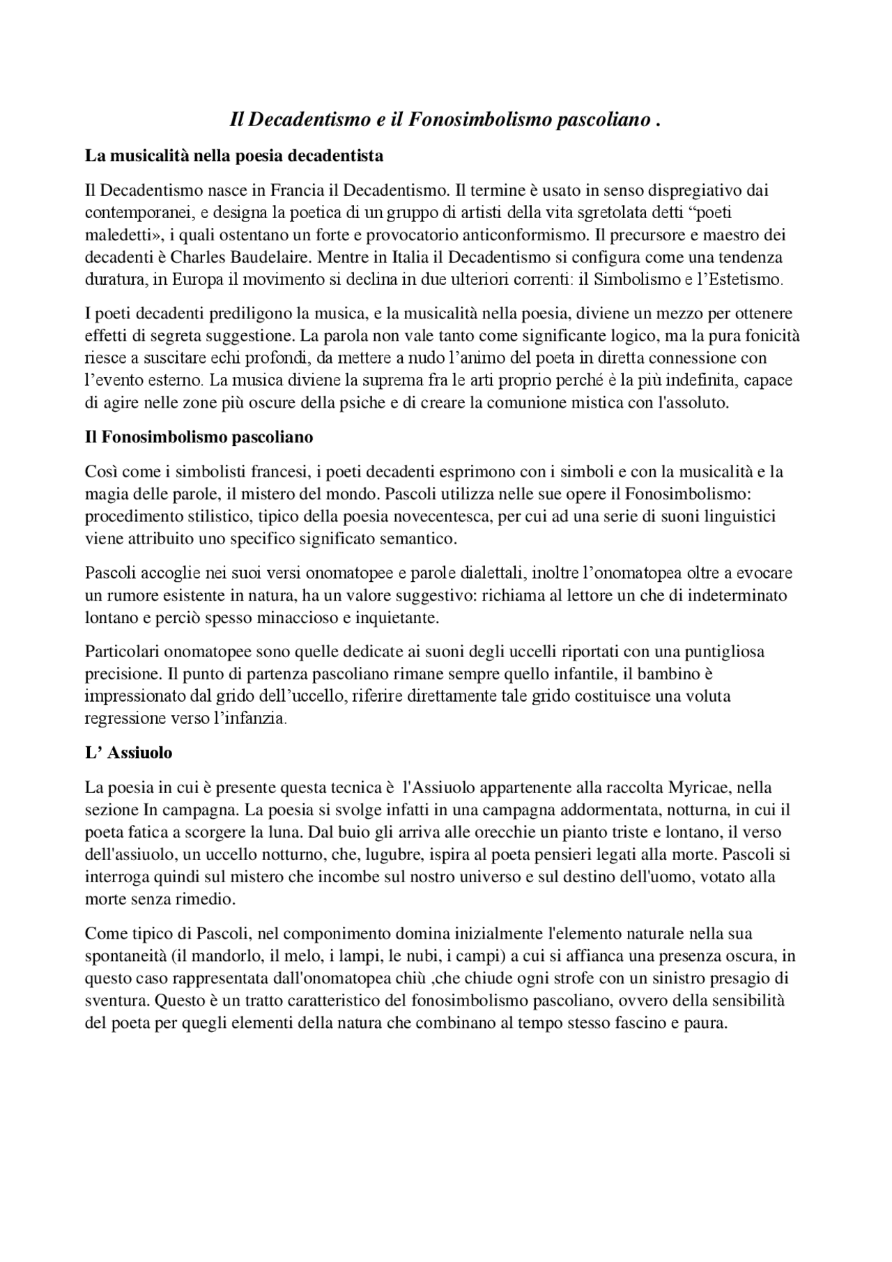 Il Decadentismo e il Fonosimbolismo pascoliano con analisi del L ...