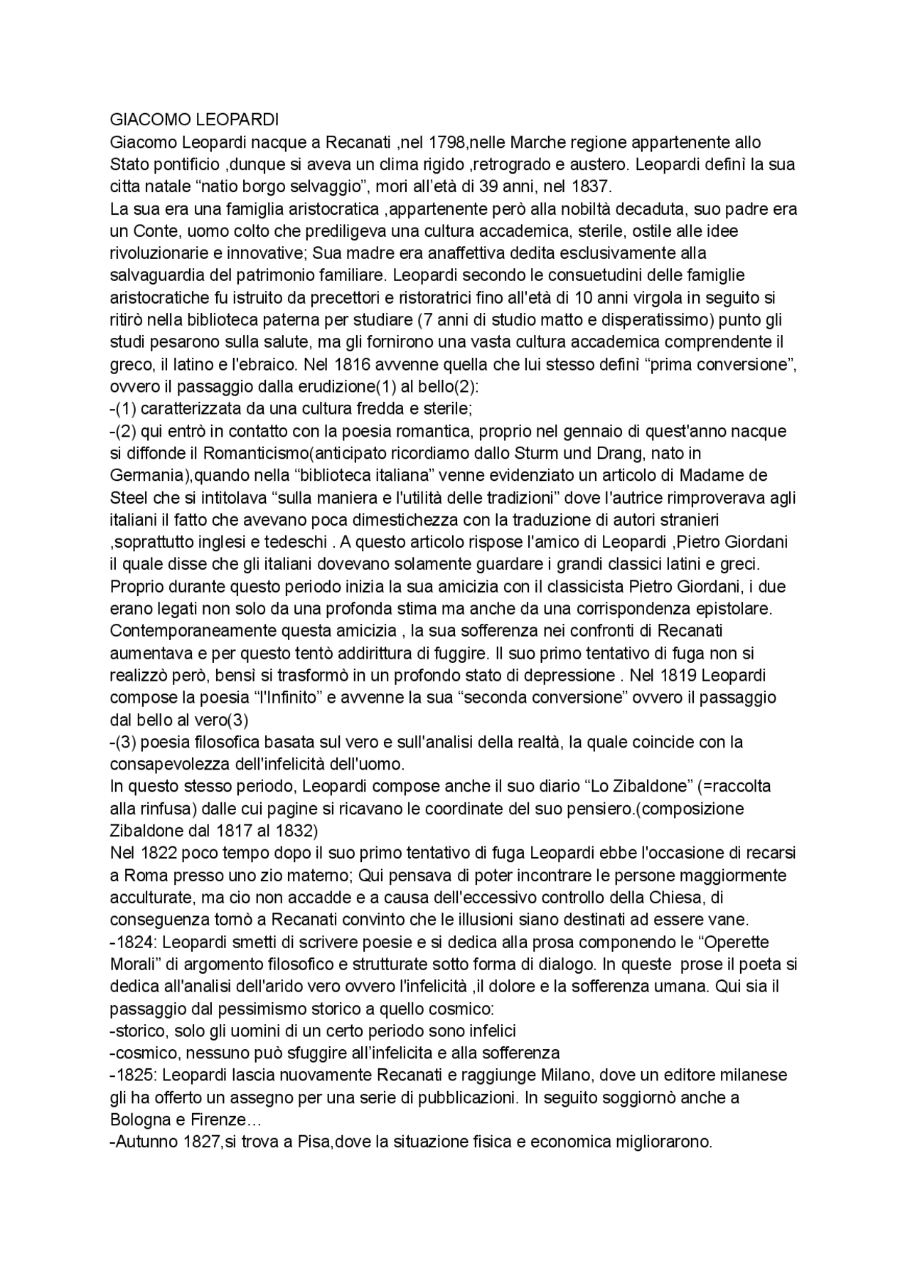 Giacomo Leopardi riassunto | Schemi e mappe concettuali di Italiano ...