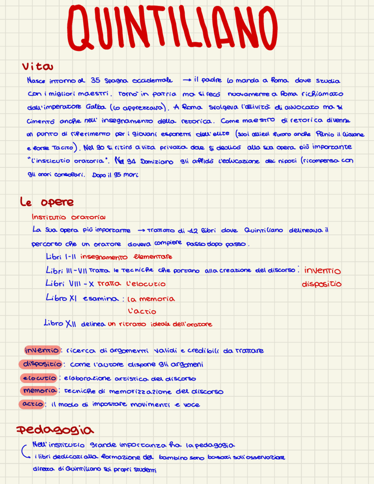 Quintiliano- la pedagogia- l’oratoria | Appunti di Latino | Docsity