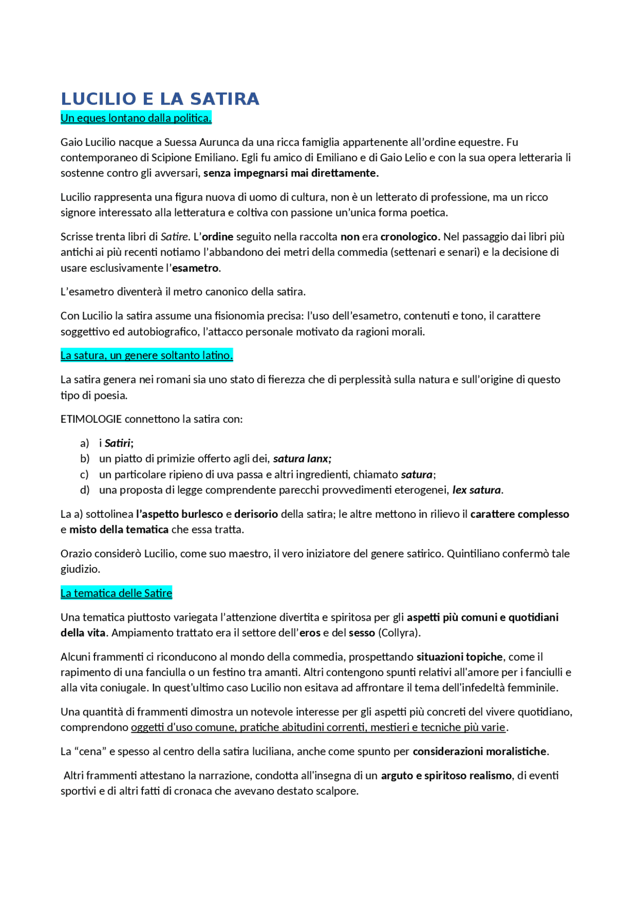 Lucilio E La Satira Latina Appunti Di Latino Docsity