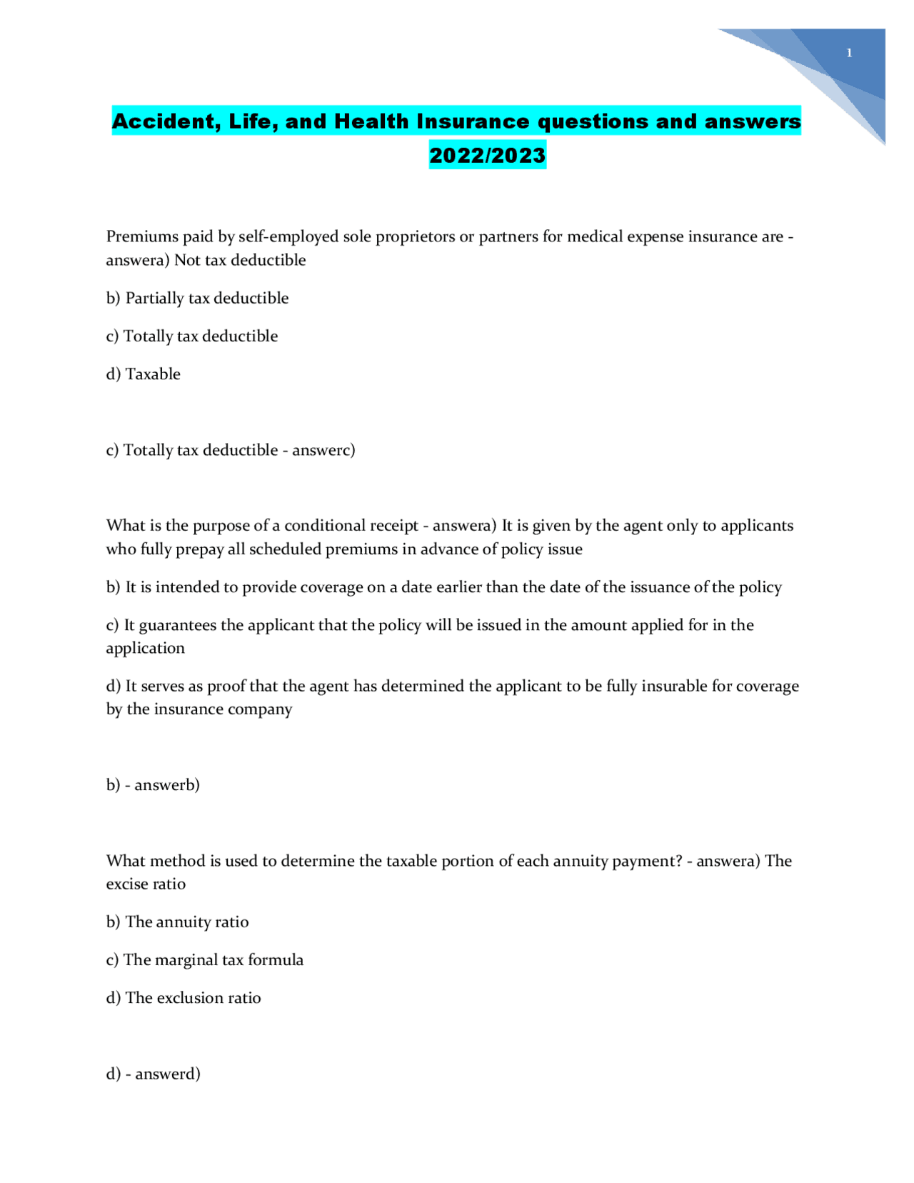 Accident, Life, and Health Insurance questions and answers 2022/2023 ...