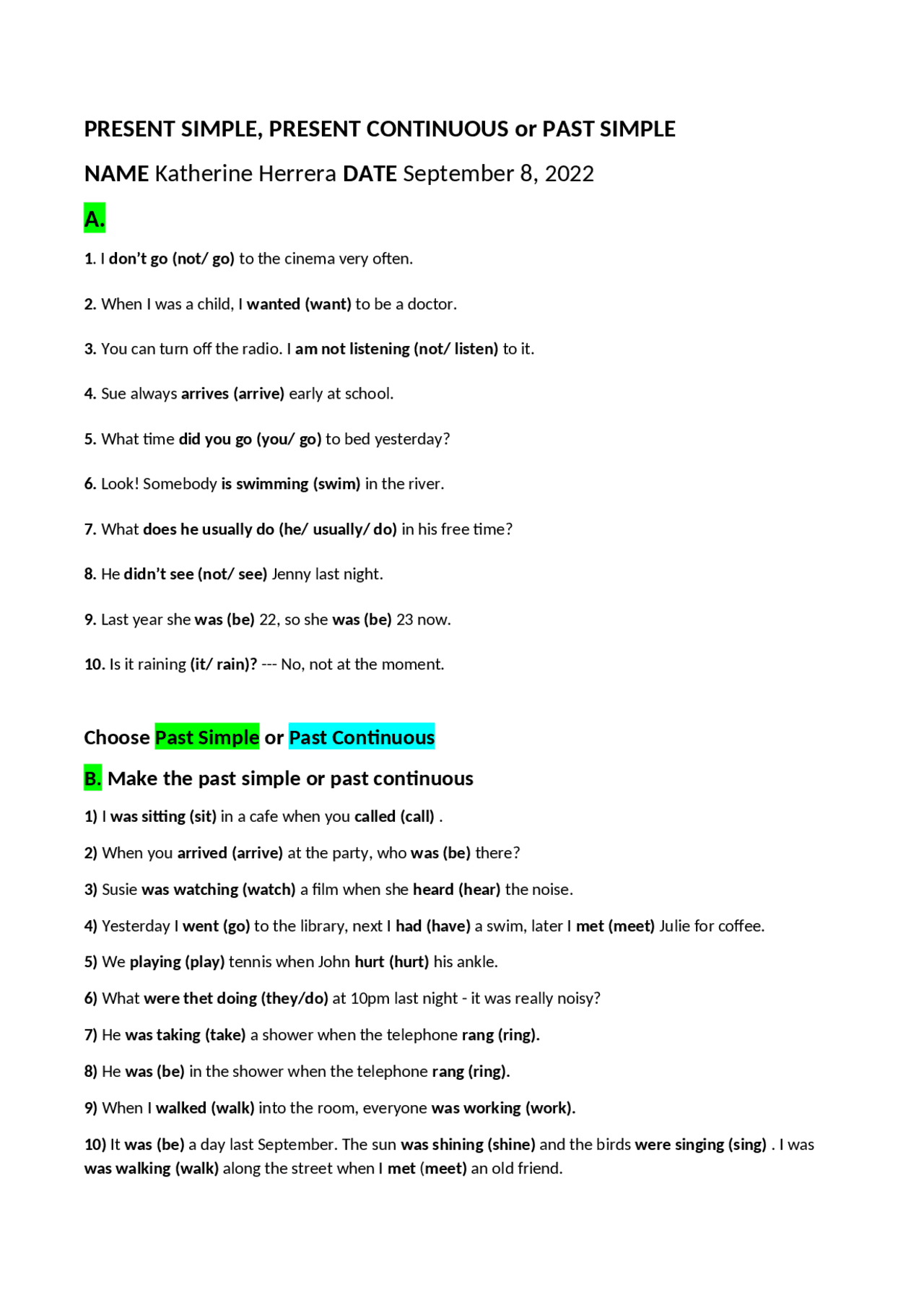 PRESENT SIMPLE PRESENT CONTINUOUS PAST SIMPLE Herrera Katherine.docx | Ejercicios de Inglés ...