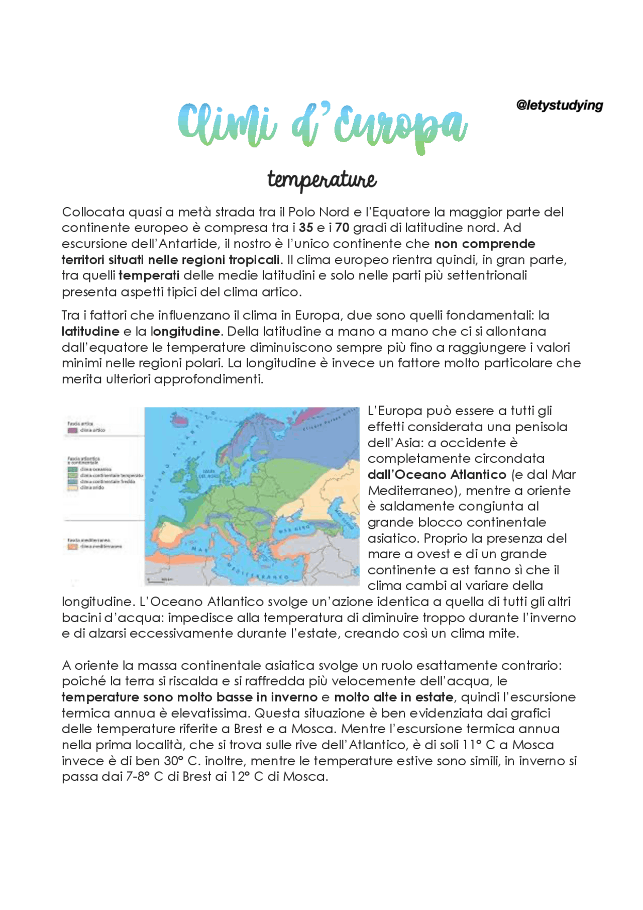 I diversi climi d'Europa | Appunti di Geografia | Docsity
