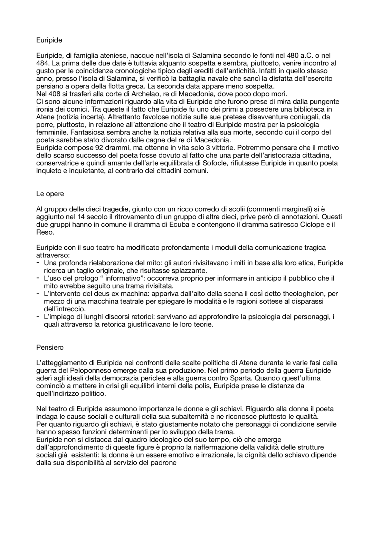 Vita Pensiero Idee E Opere Di Euripide Appunti Di Greco Docsity