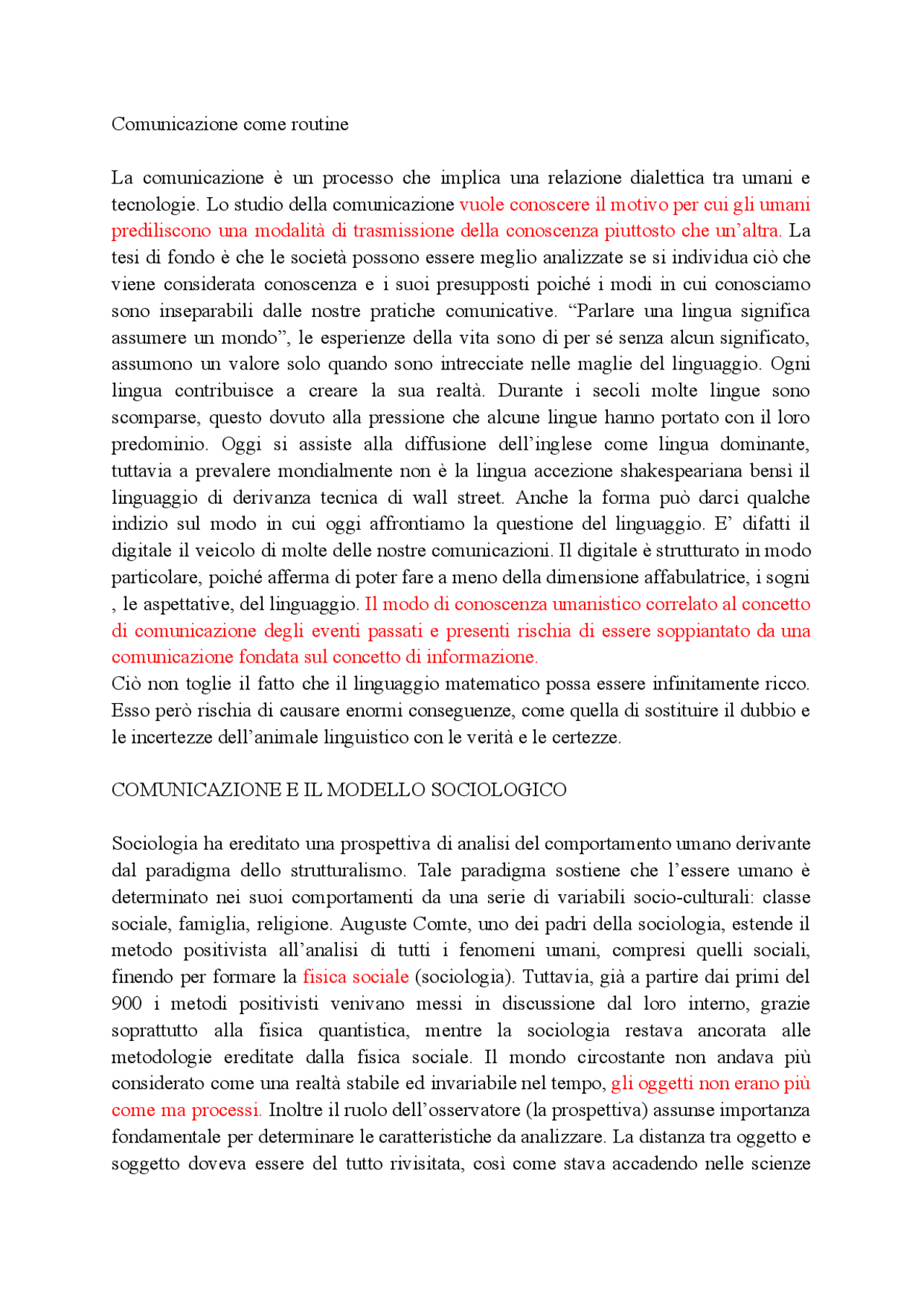 Routine Della Comunicazione Sintesi Del Corso Di Sociologia Dei